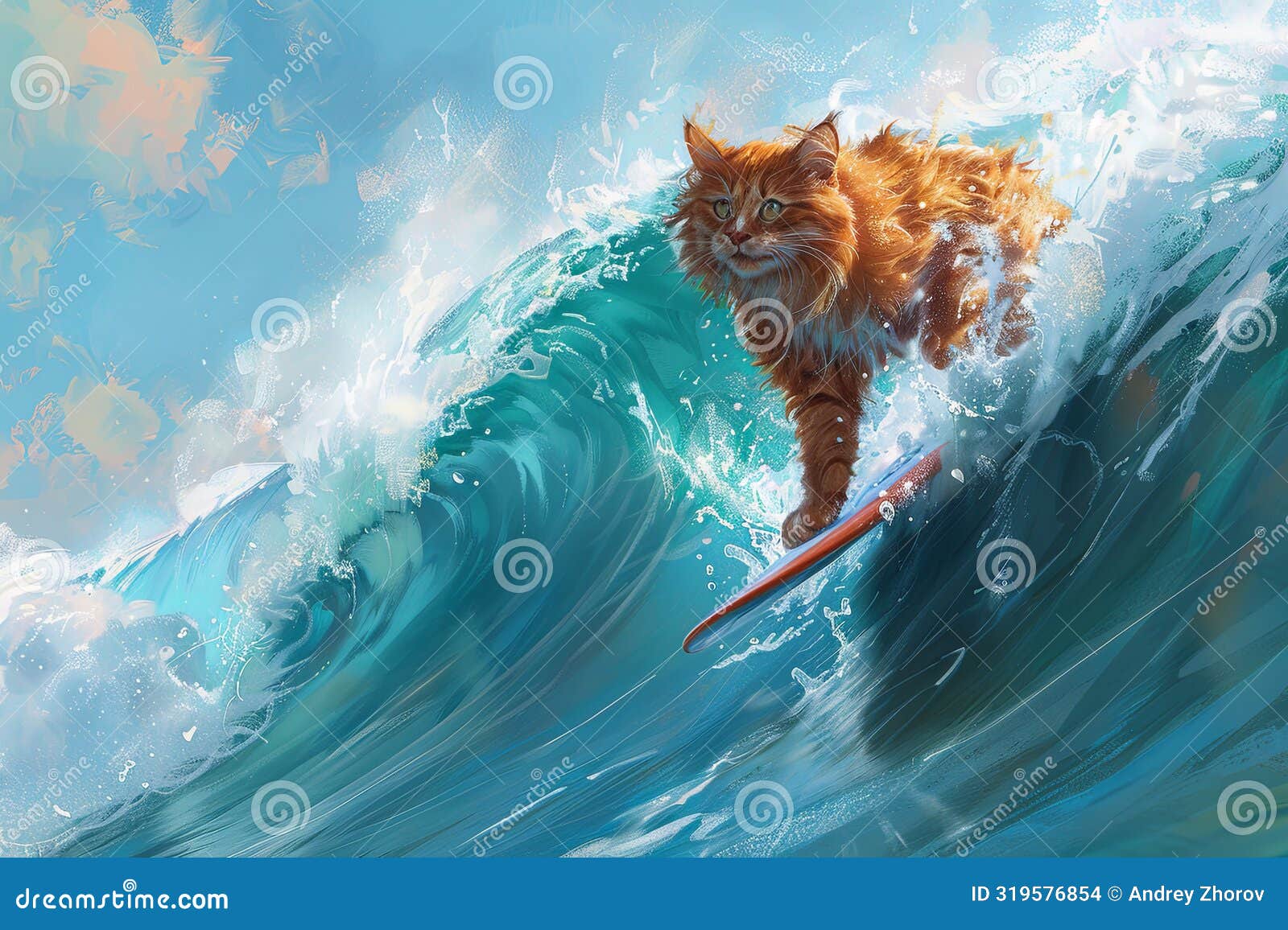 A Painting of a Cat Riding a Surfboard on a Wave Stock Illustration ...