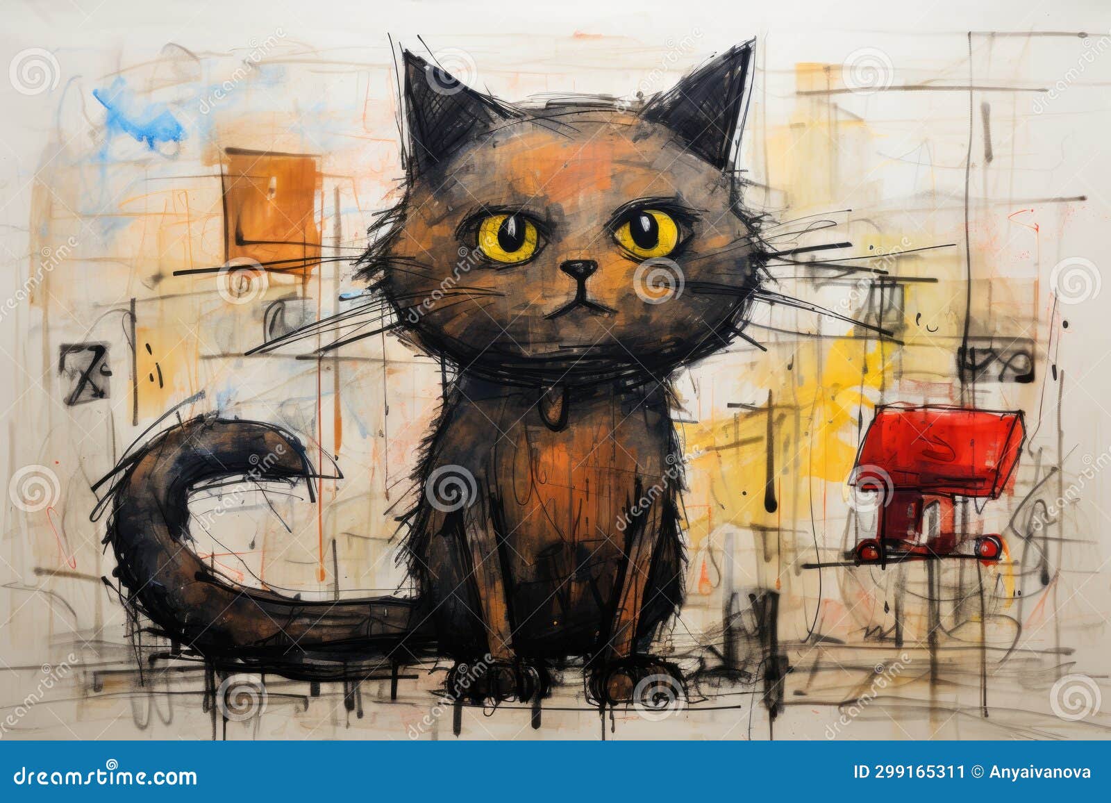 A Painting of a Cat Sitting in Front of a Fire Hydrant Stock Image ...