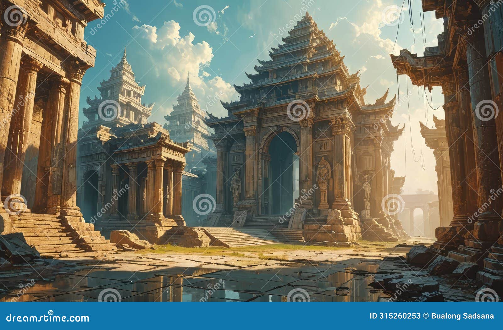 A Painting of a City with a Temple in the Middle. Stock Illustration ...