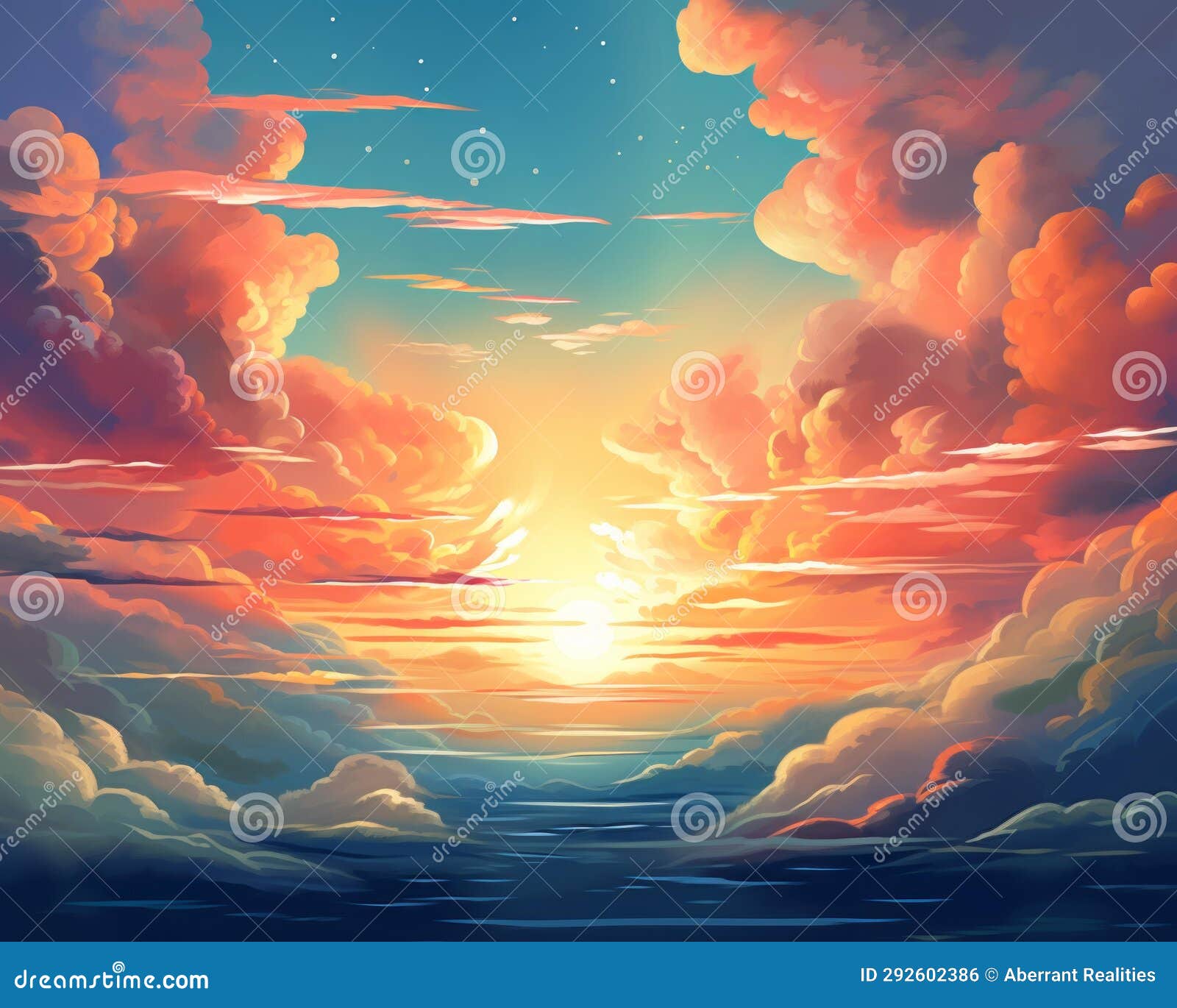 A Painting of Clouds and the Sun Setting Over the Ocean Stock ...