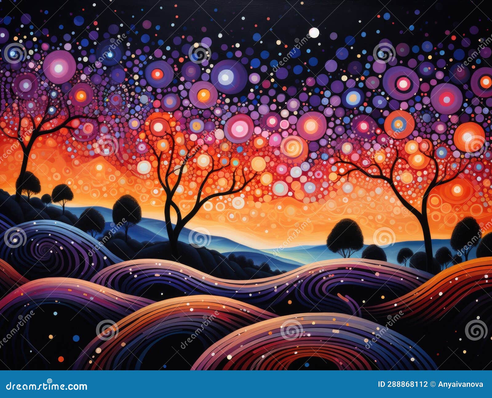 A Painting of a Colorful Landscape with Trees. Stock Photo - Image of ...