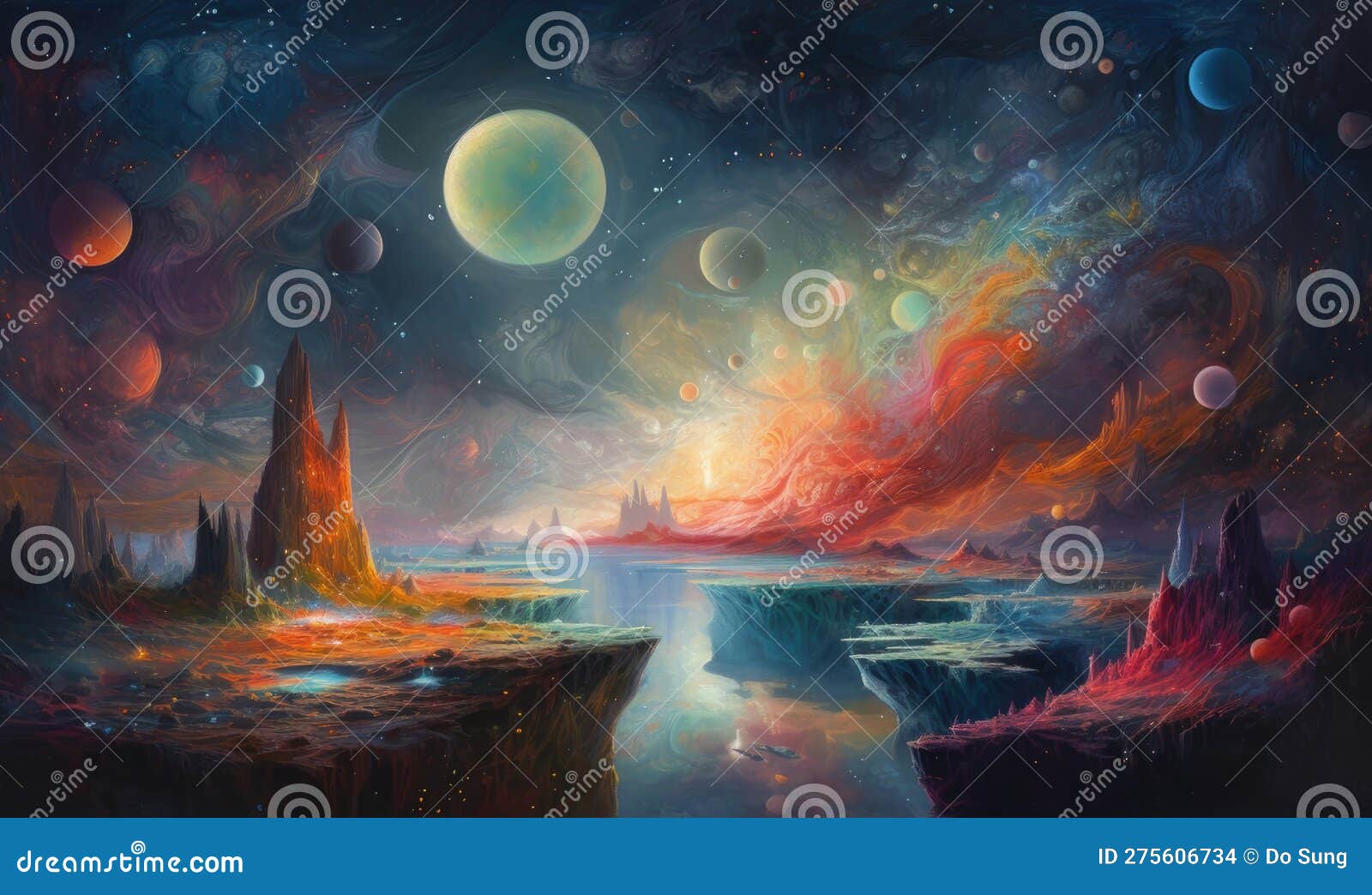 Surreal World Painting with Space Landscape Stock Illustration ...