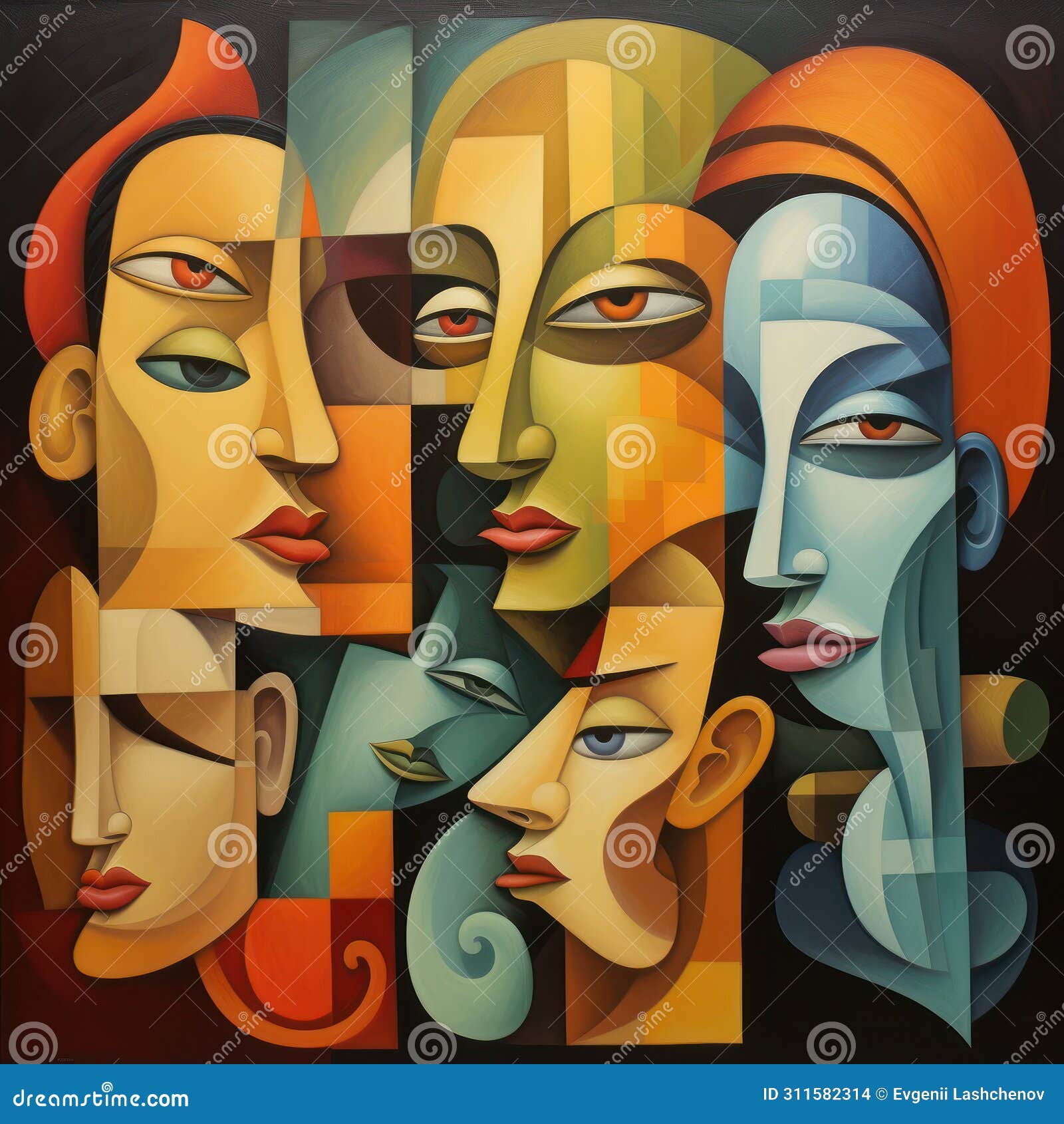 Painting Creating a Puzzle of Abstract Faces with Harmonious Color ...