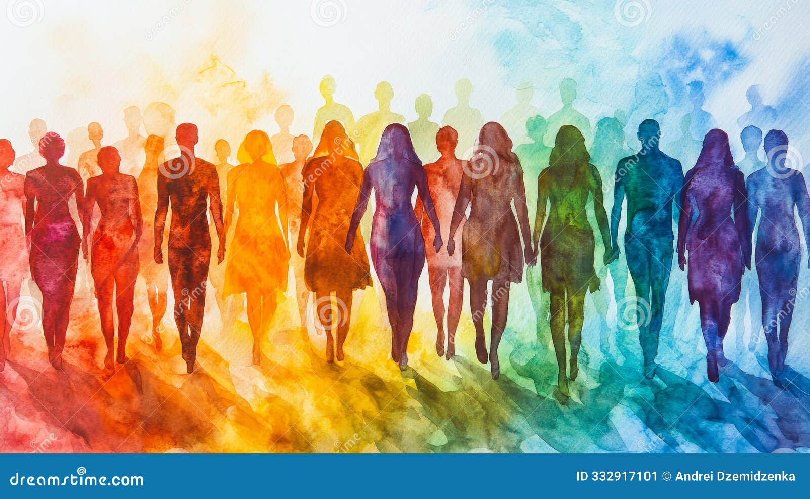 Painting of a Crowd of People Walking Together in Different Colors ...