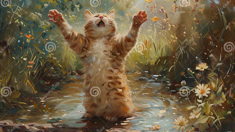 Painting of a Curious Cat Standing in a Puddle Stock Illustration ...