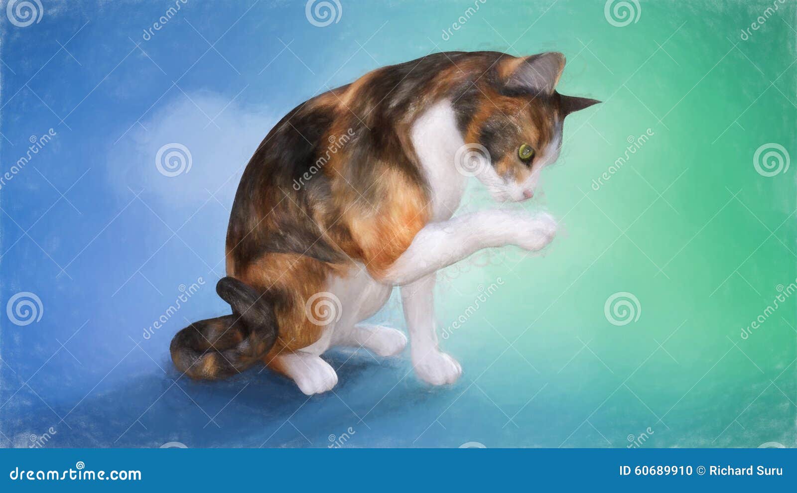 Painting of a Cute Cat Licking His Paw Stock Illustration ...