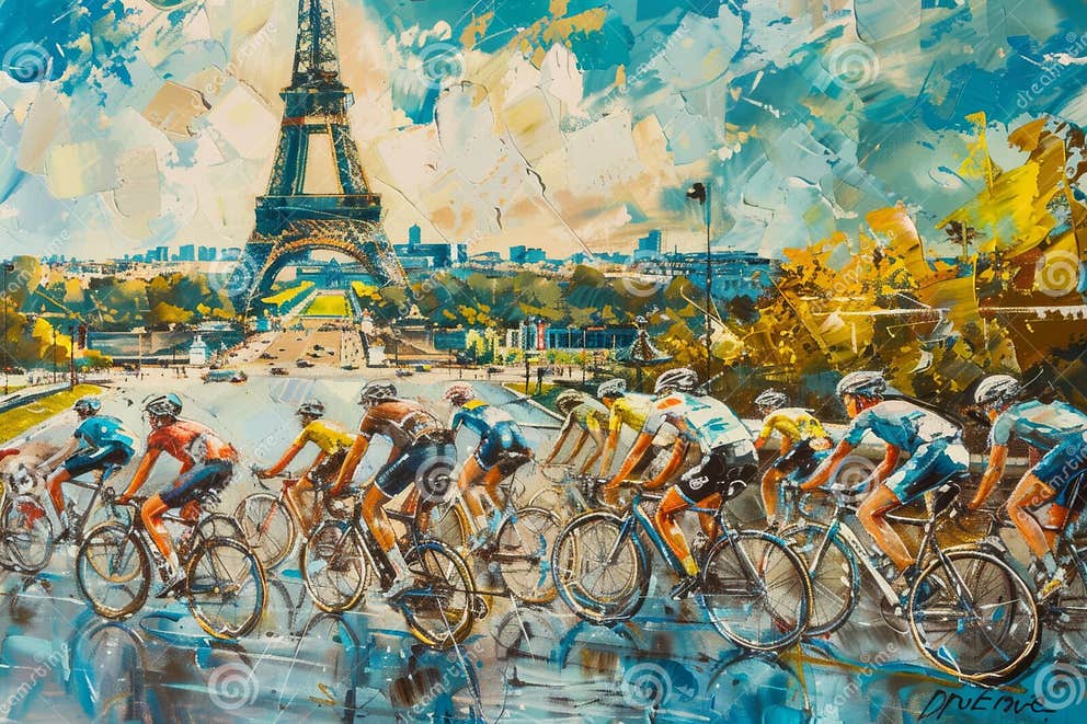Painting of Cyclists in Front of the Eiffel Tower Stock Image - Image ...