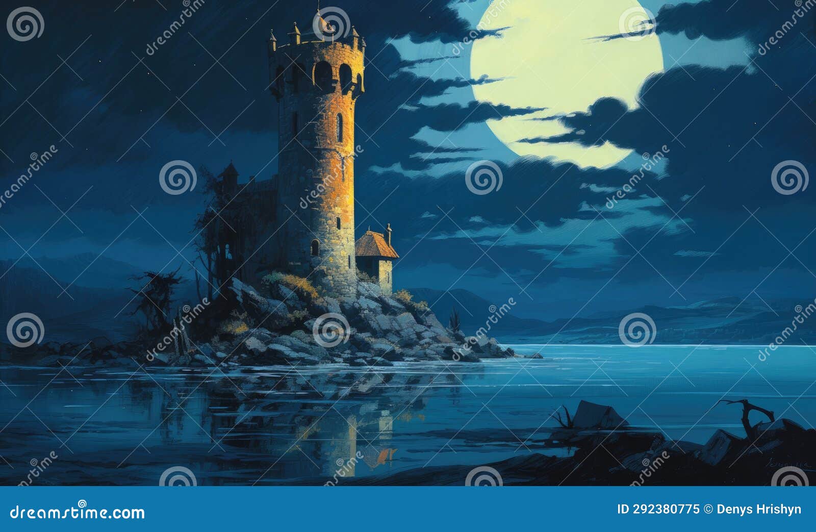 The Painting Depicted an Ancient Tower Under the Glowing Moonlight ...