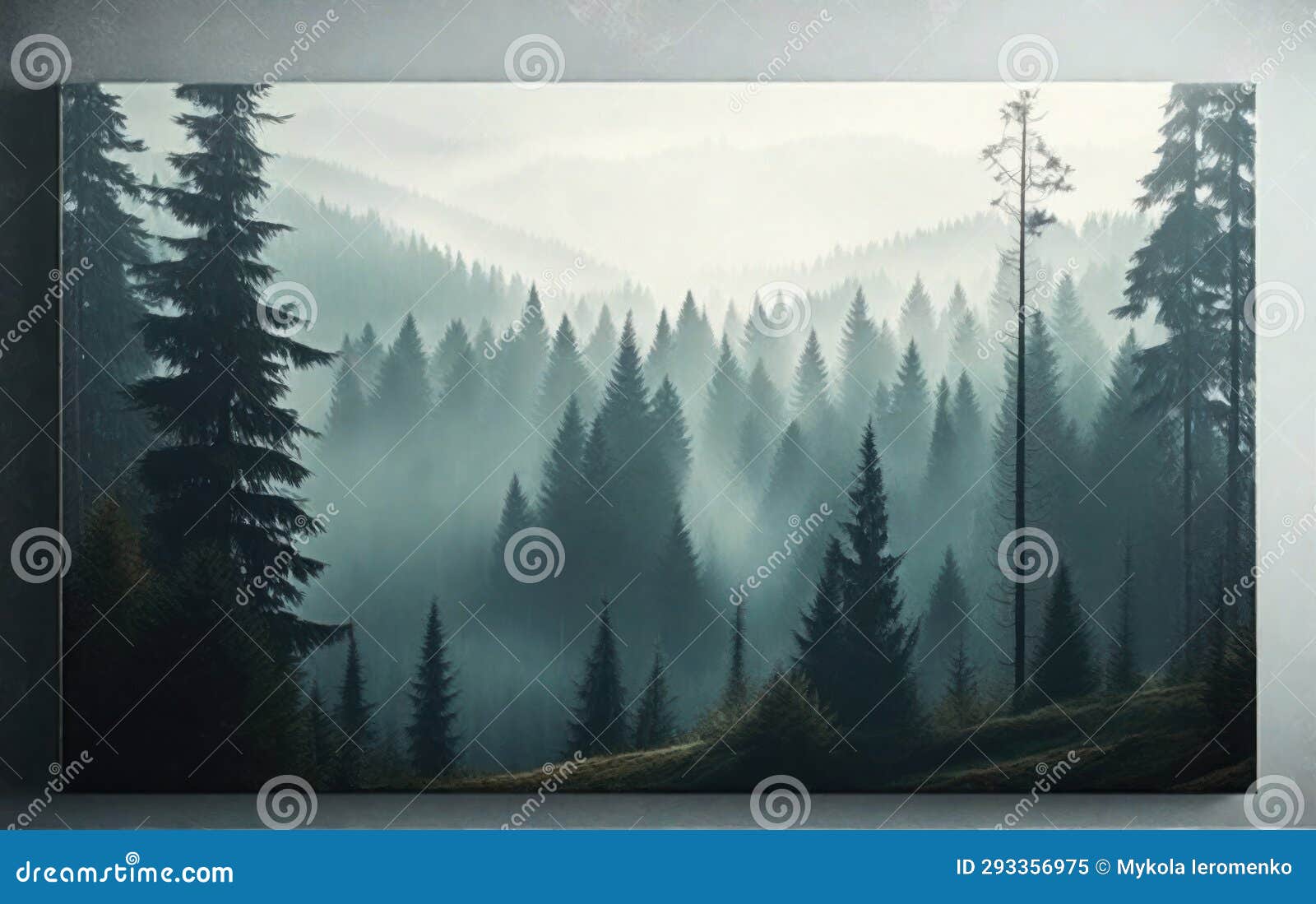 A Painting Depicting a Forest Covered in Fog Stock Illustration ...