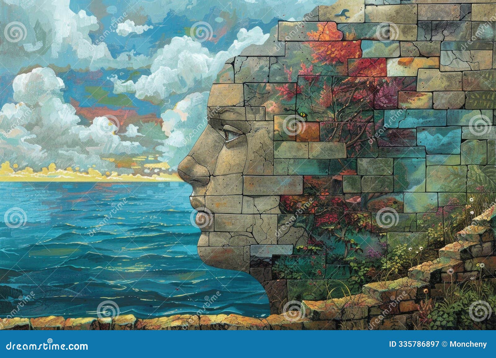 A Painting Depicting a Mans Face in Front of a Brick Wall with the ...
