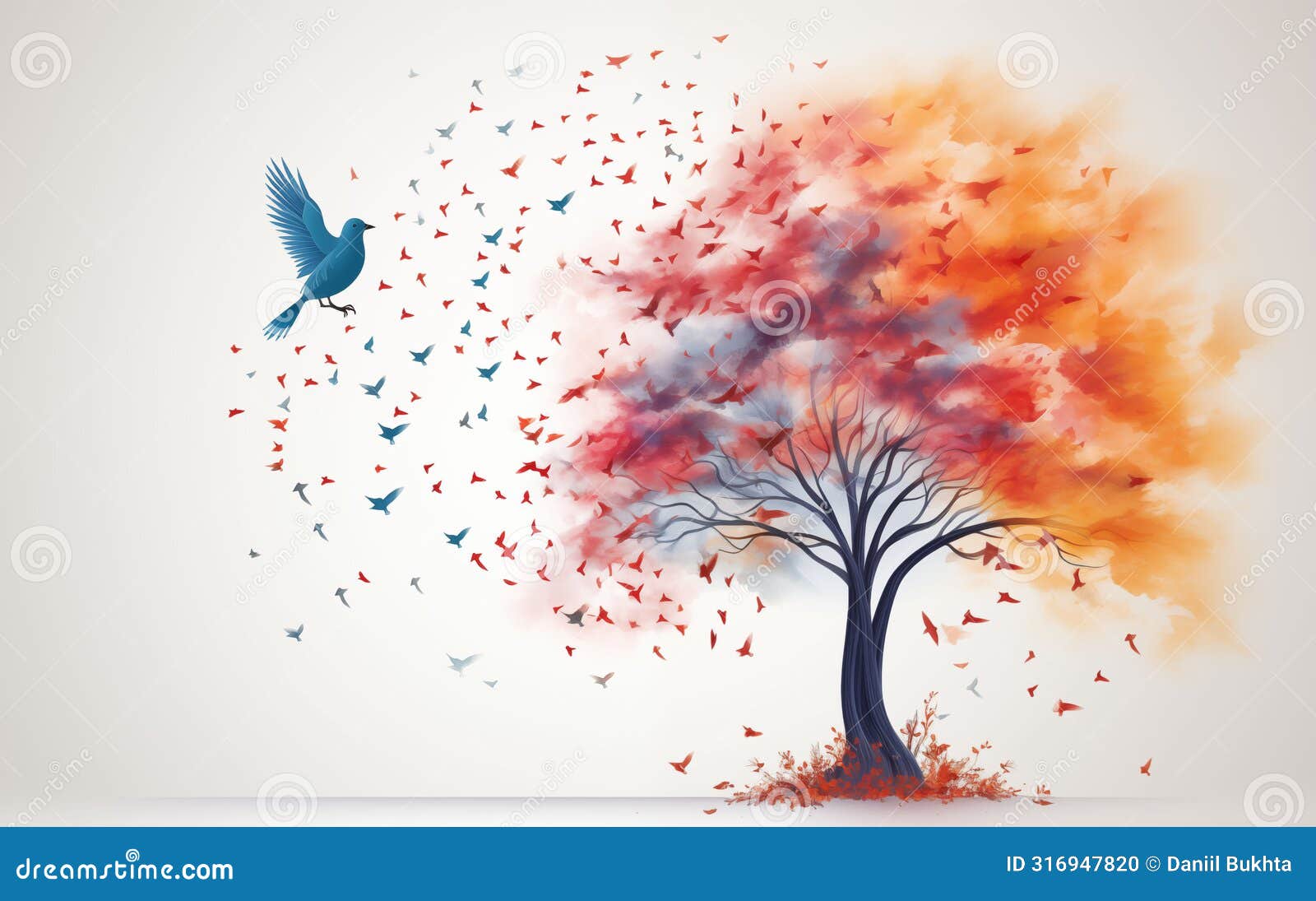 Birds Flying Around Tree Painting. Generative AI Stock Illustration ...