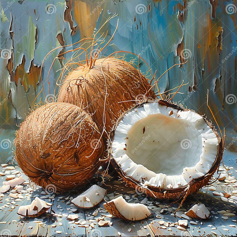 A Painting Depicting Two Coconuts Placed on a Table Stock Photo - Image ...