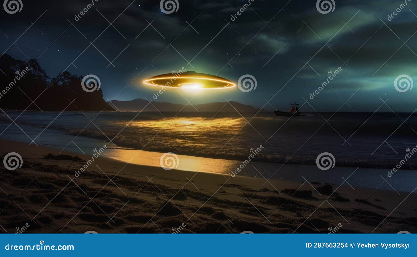 A Disk-shaped Alien Spacecraft Lands on the Ocean Coast, Above the ...