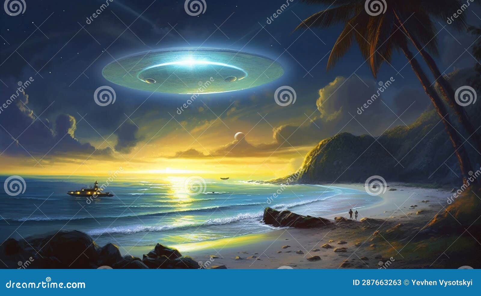 A Disk-shaped Alien Spacecraft Lands on the Ocean Coast, Above the ...