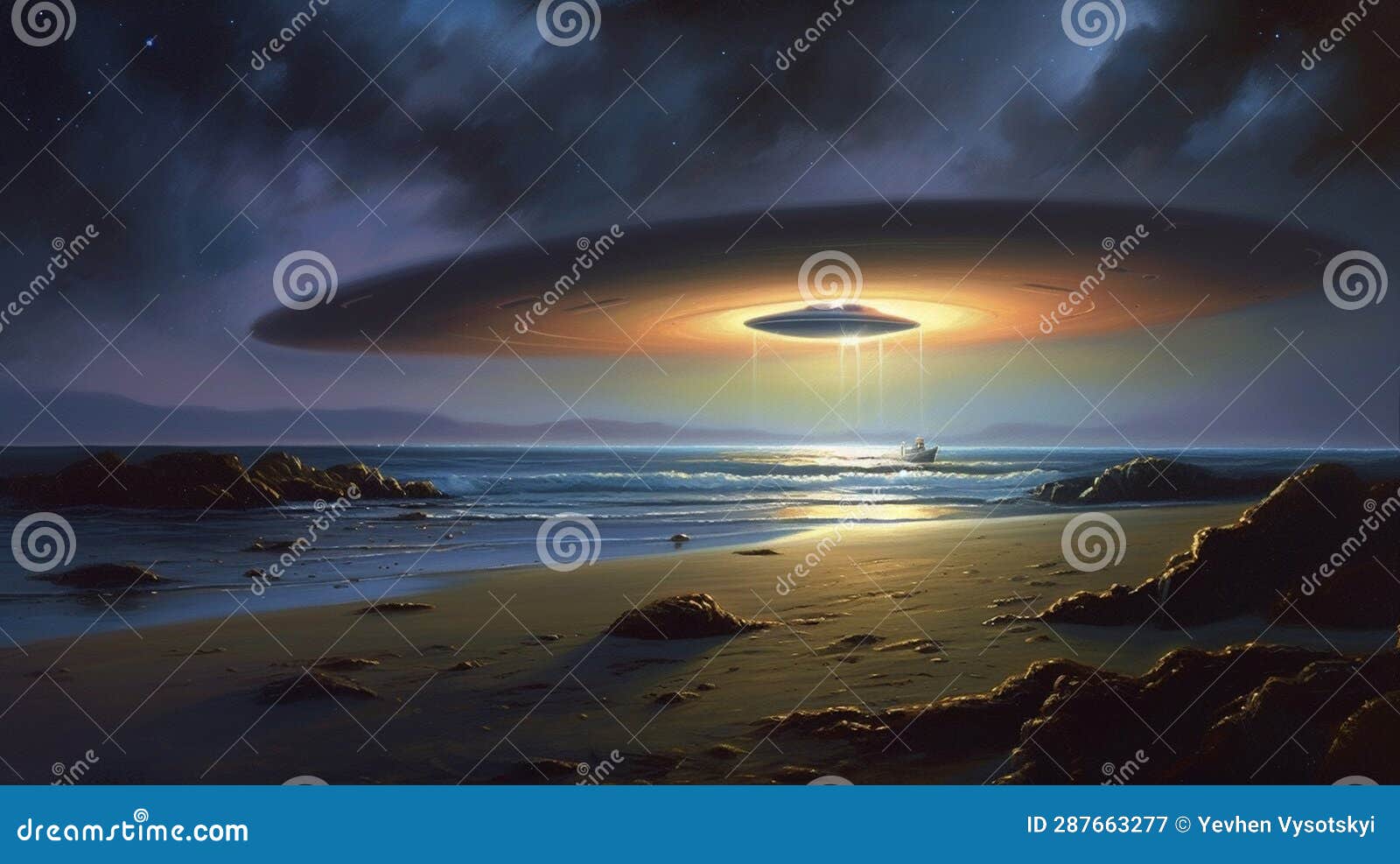 A Disk-shaped Alien Spacecraft Lands on the Ocean Coast, Above the ...