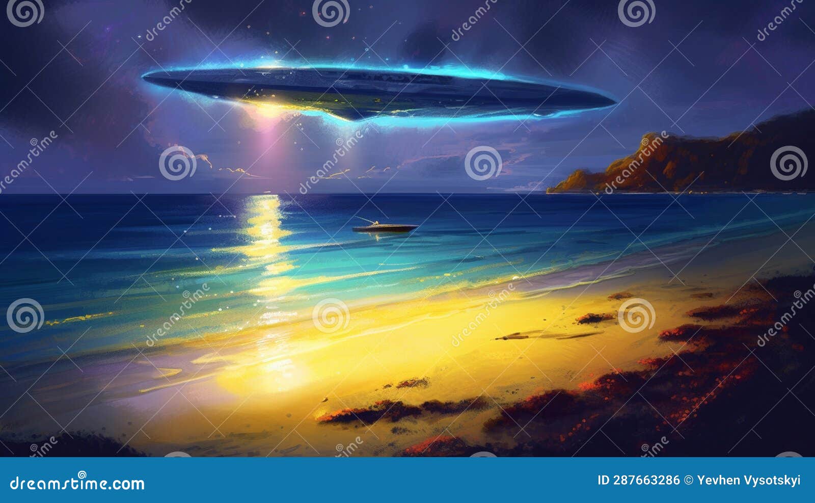 A Disk-shaped Alien Spacecraft Lands on the Ocean Coast, Above the ...
