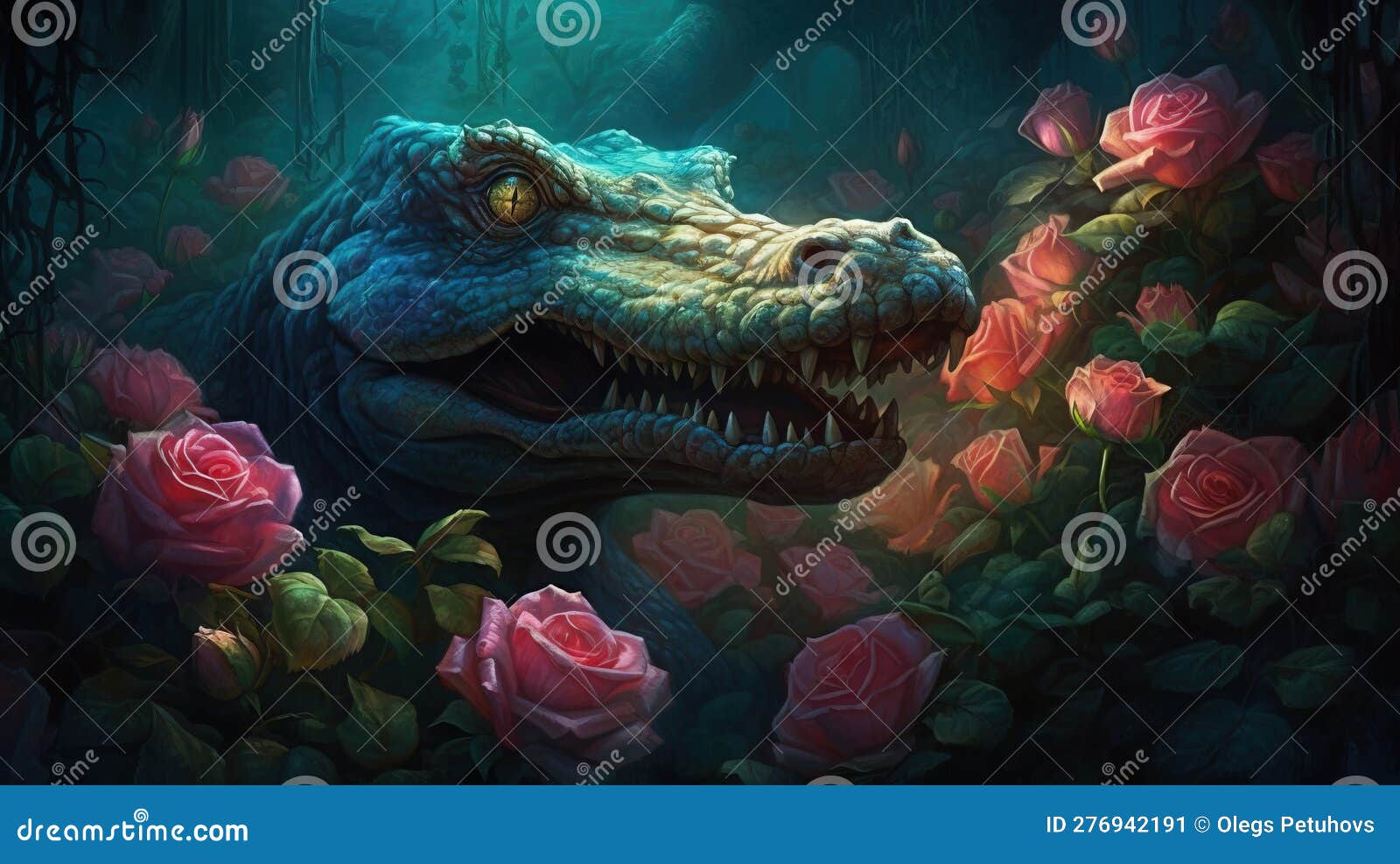 A Painting of a Dinosaur with Roses in the Foreground Stock ...