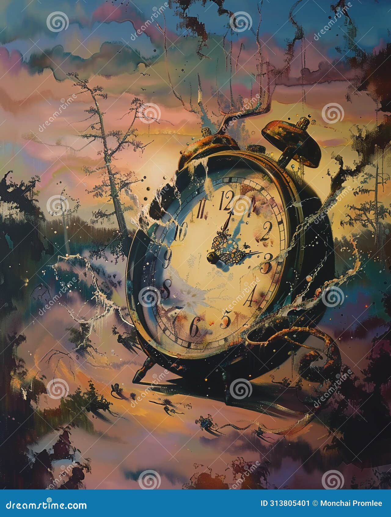 Painting of a Distorted Clock, Surreal Elements, Dusk Light ...
