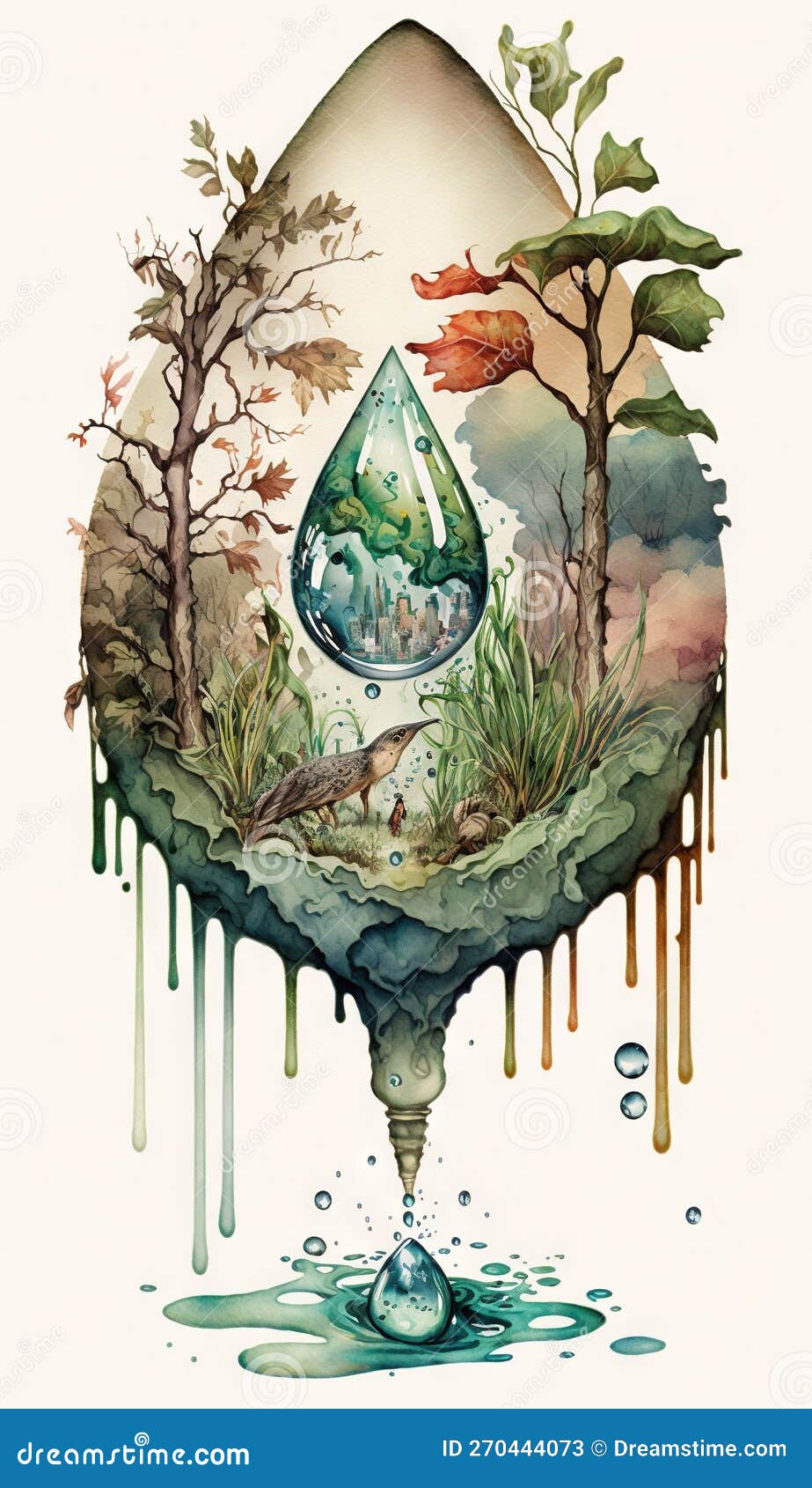 A Painting of a Drop of Water with Trees and Animals. Generative Ai ...