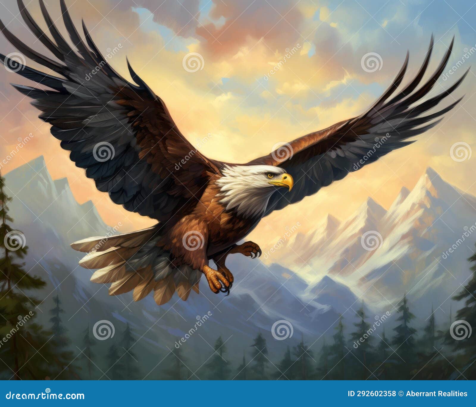 A Painting of an Eagle Flying Over the Mountains Stock Illustration ...