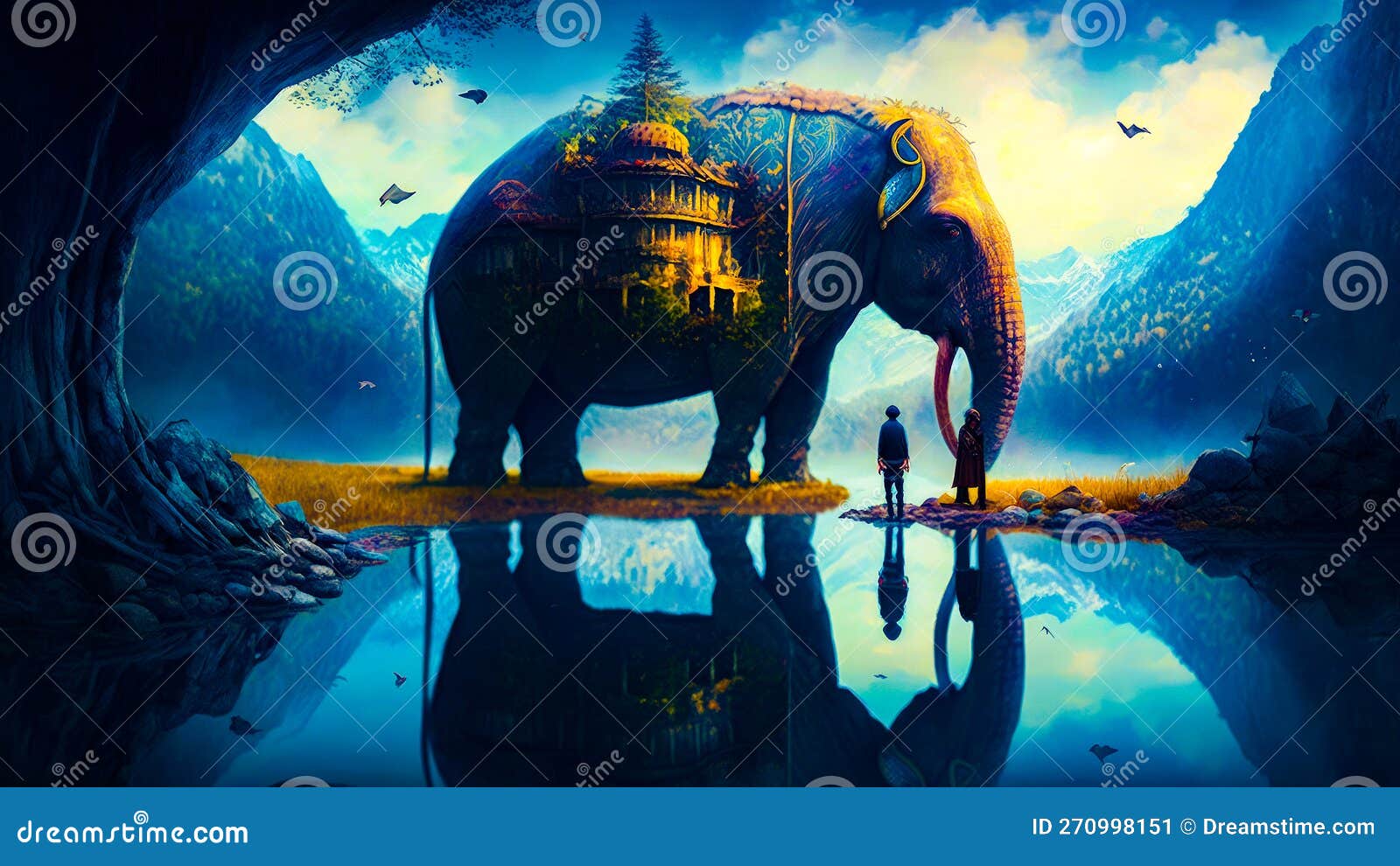 Painting of an Elephant with Man Standing in Front of it. Fantasy Stock ...
