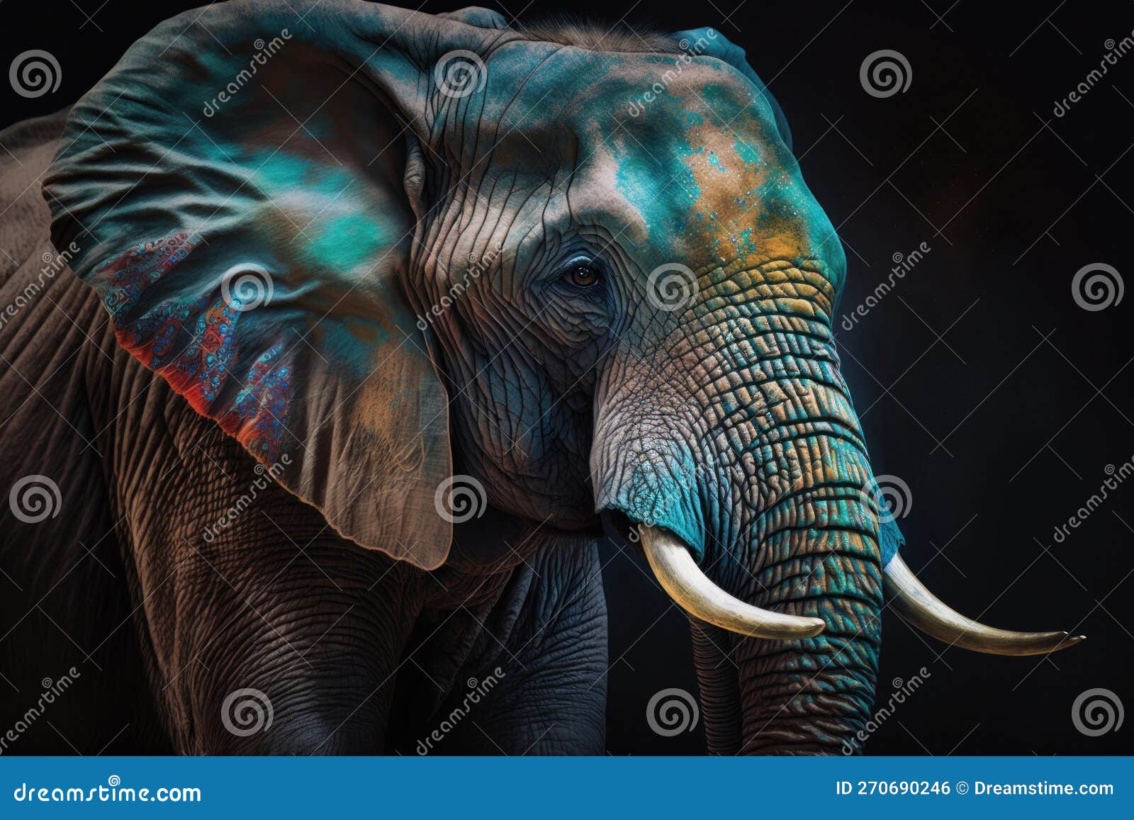 Painting of an Elephant with Multi-colored Paints on the Face and Tusks ...