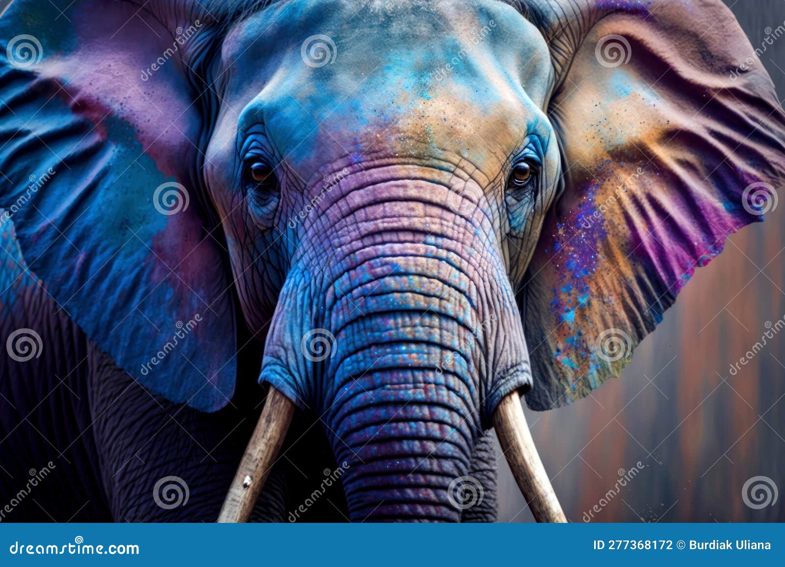 Painting of an Elephant with Multi-colored Paints on the Face and Tusks ...