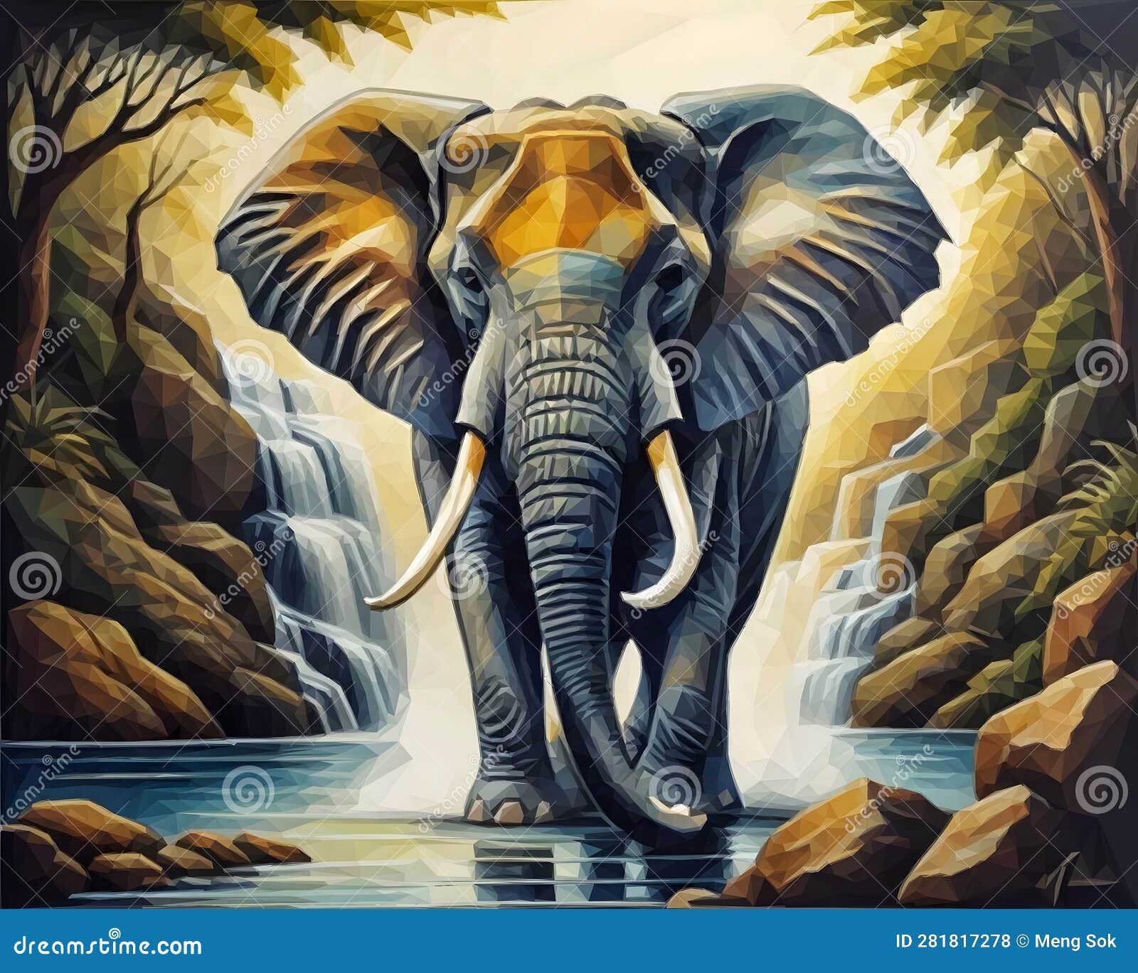 A Painting of an Elephant Standing in Front of a Waterfall. Stock ...