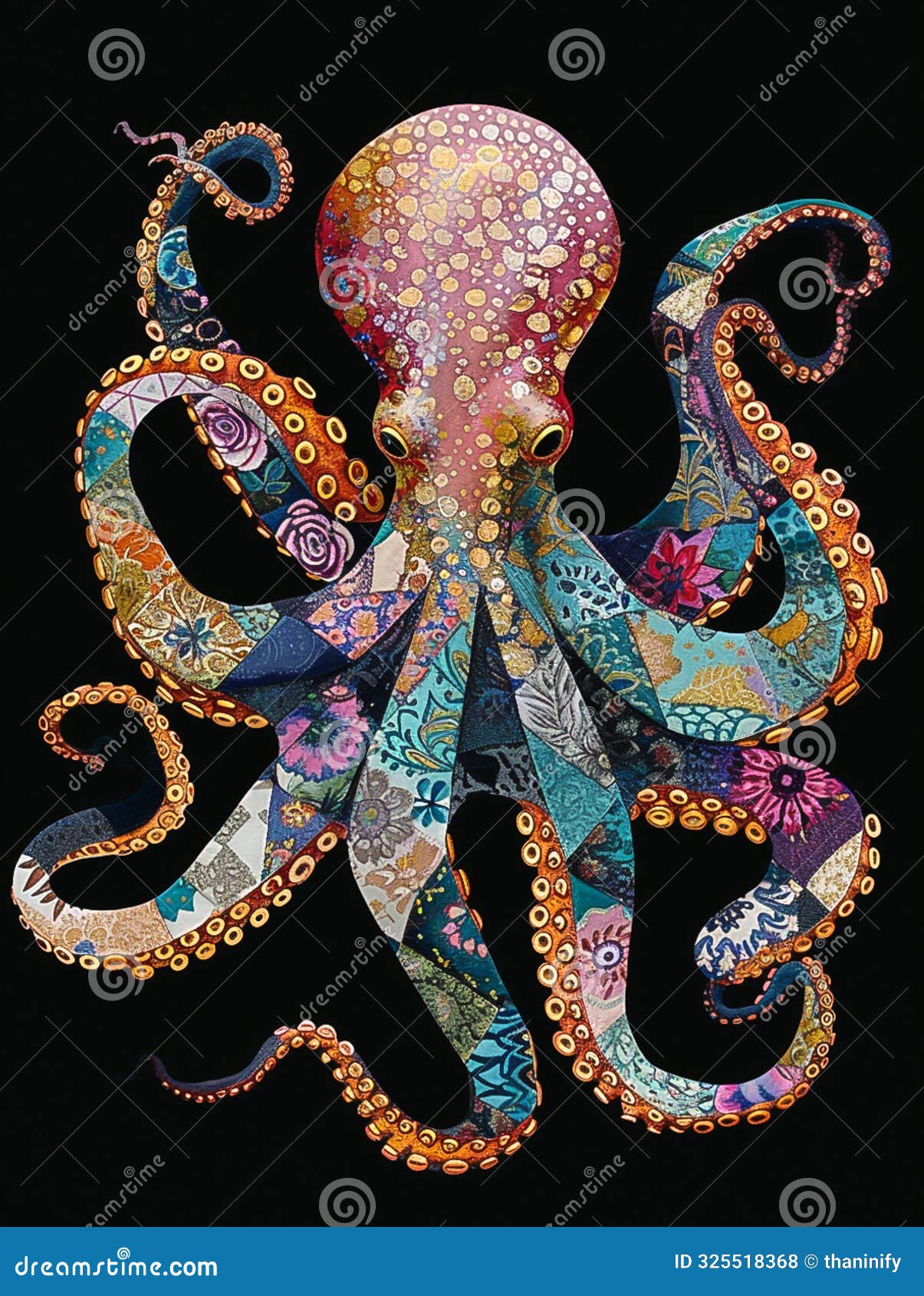 Octopus with Multicolored Tentacles on Black Background Stock ...