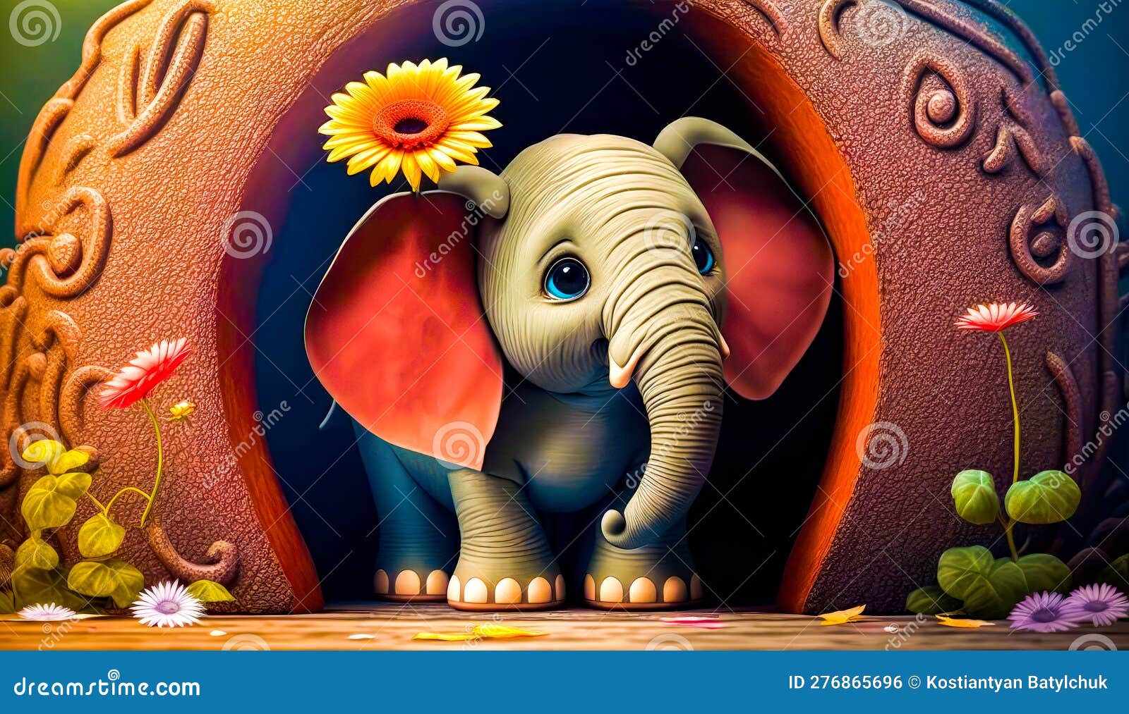 Painting of Elephant with Sunflower on it S Head. Generative AI Stock ...