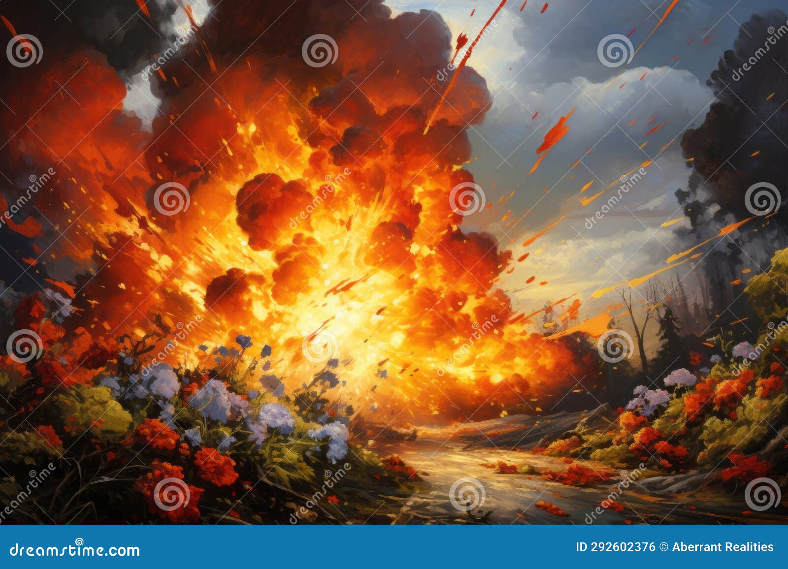 A Painting of an Explosion with Flowers and Trees in the Background ...