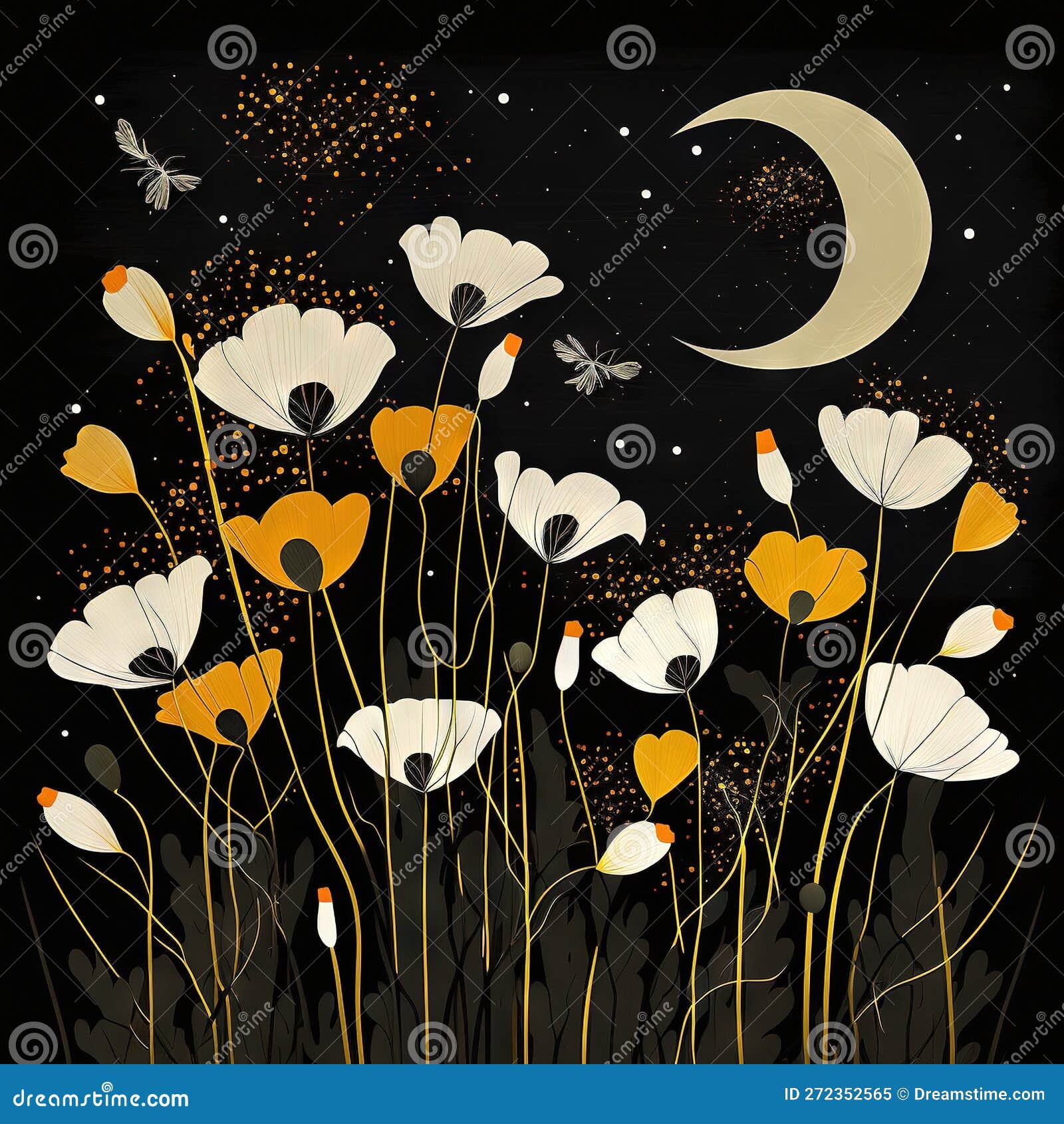 A Painting of a Field of Flowers with a Moon in the Background Stock ...