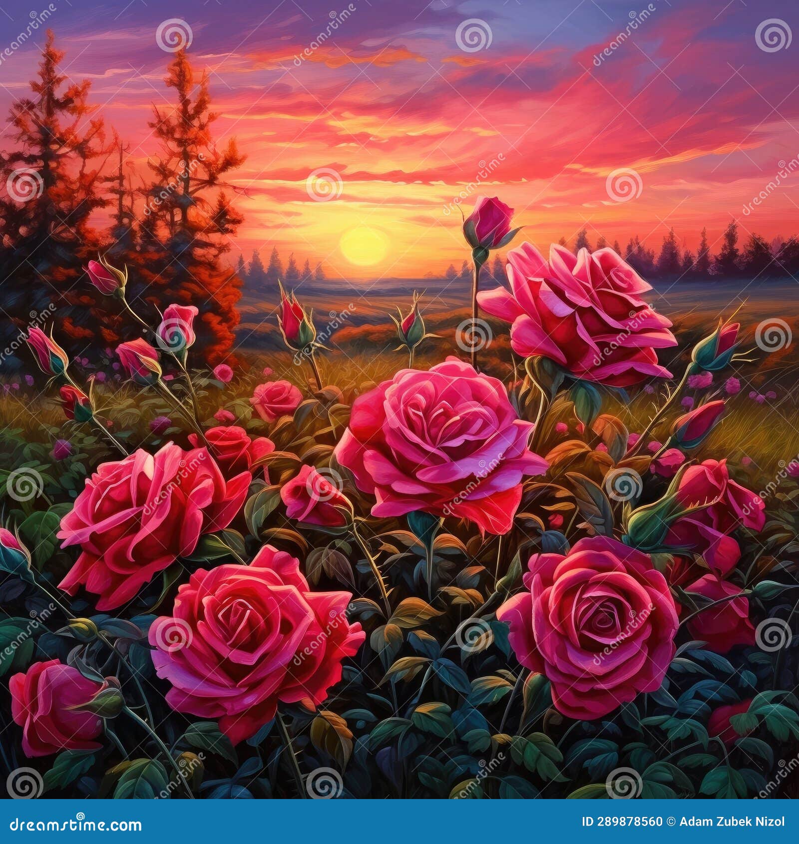 A Painting of a Field of Roses Stock Illustration - Illustration of ...