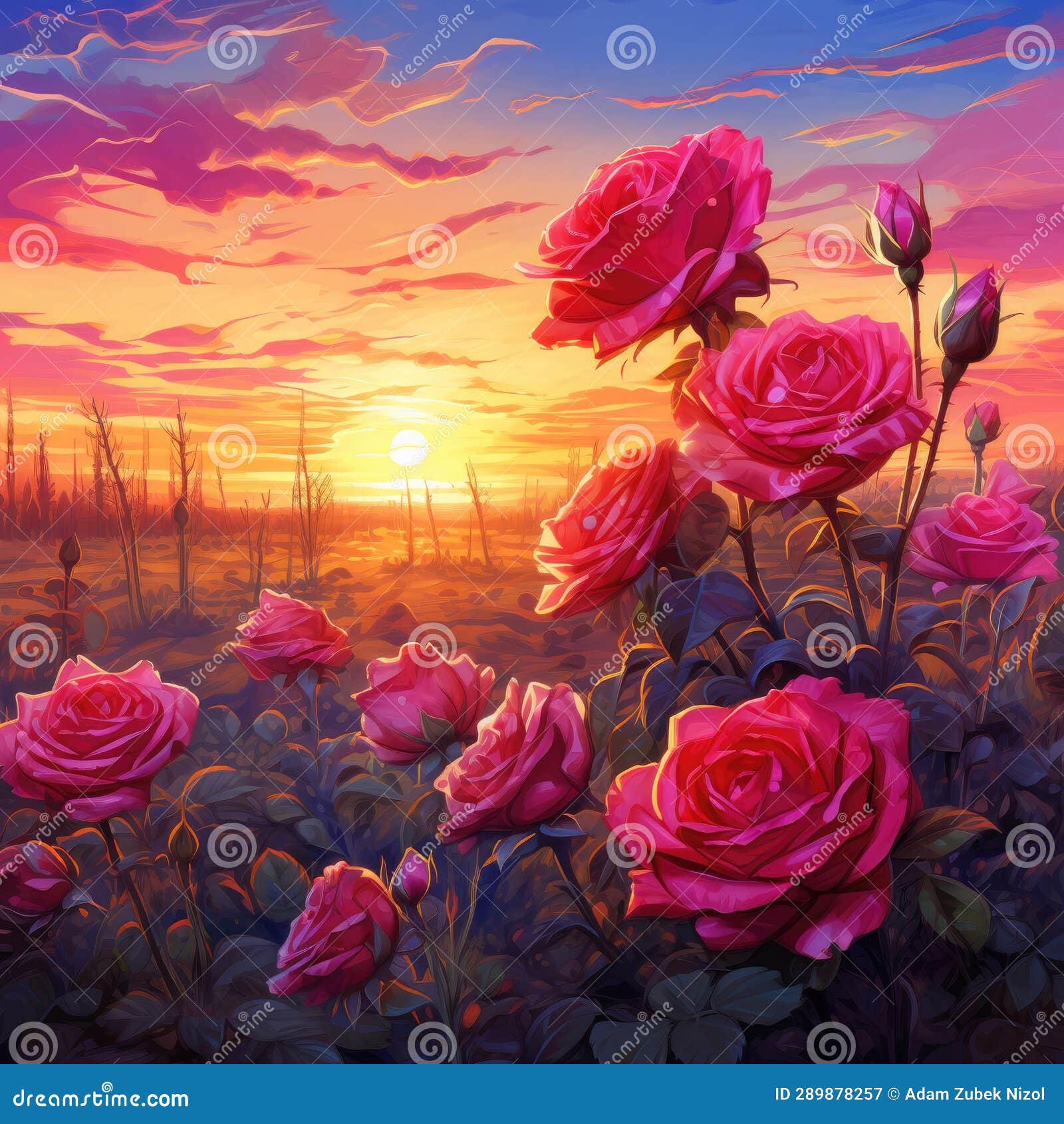 A Painting of a Field of Roses Stock Illustration - Illustration of ...