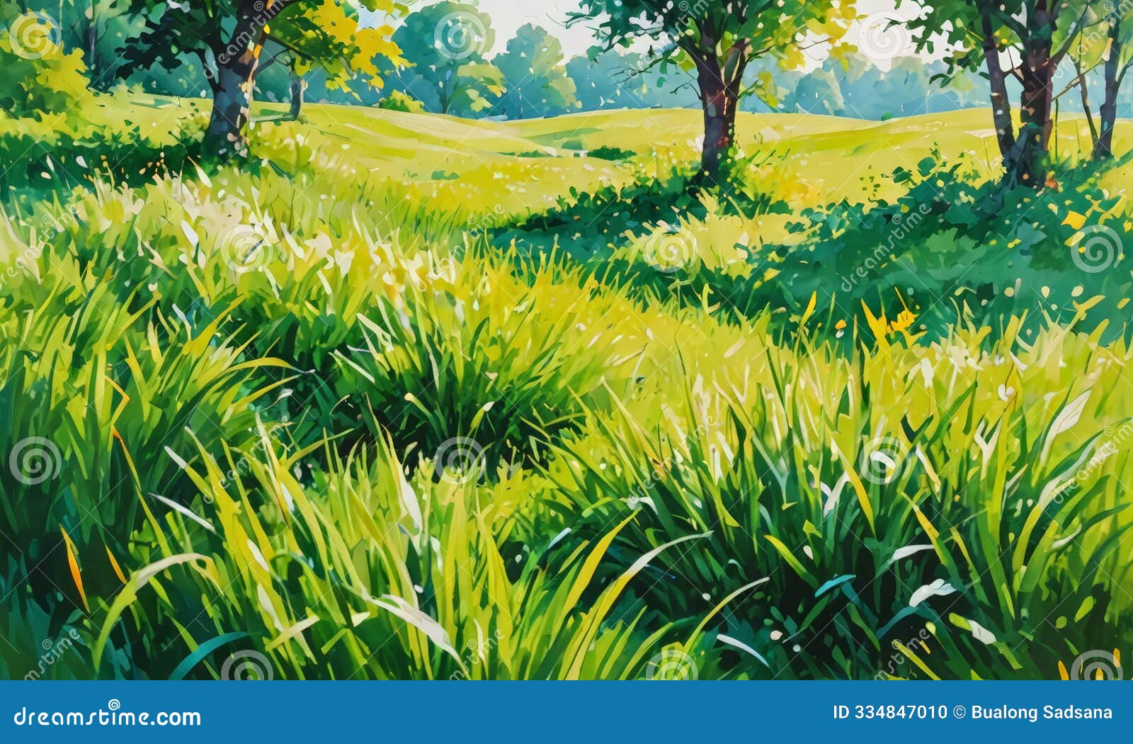 Painting Field with Trees and Grass Stock Illustration - Illustration ...
