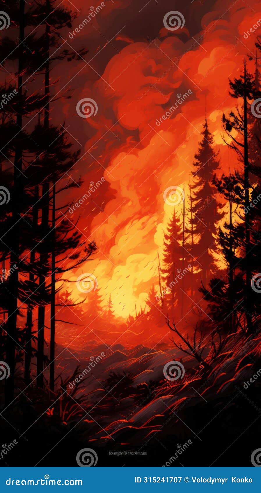 A Painting of a Fire Burning in a Forest Stock Image - Image of forest ...