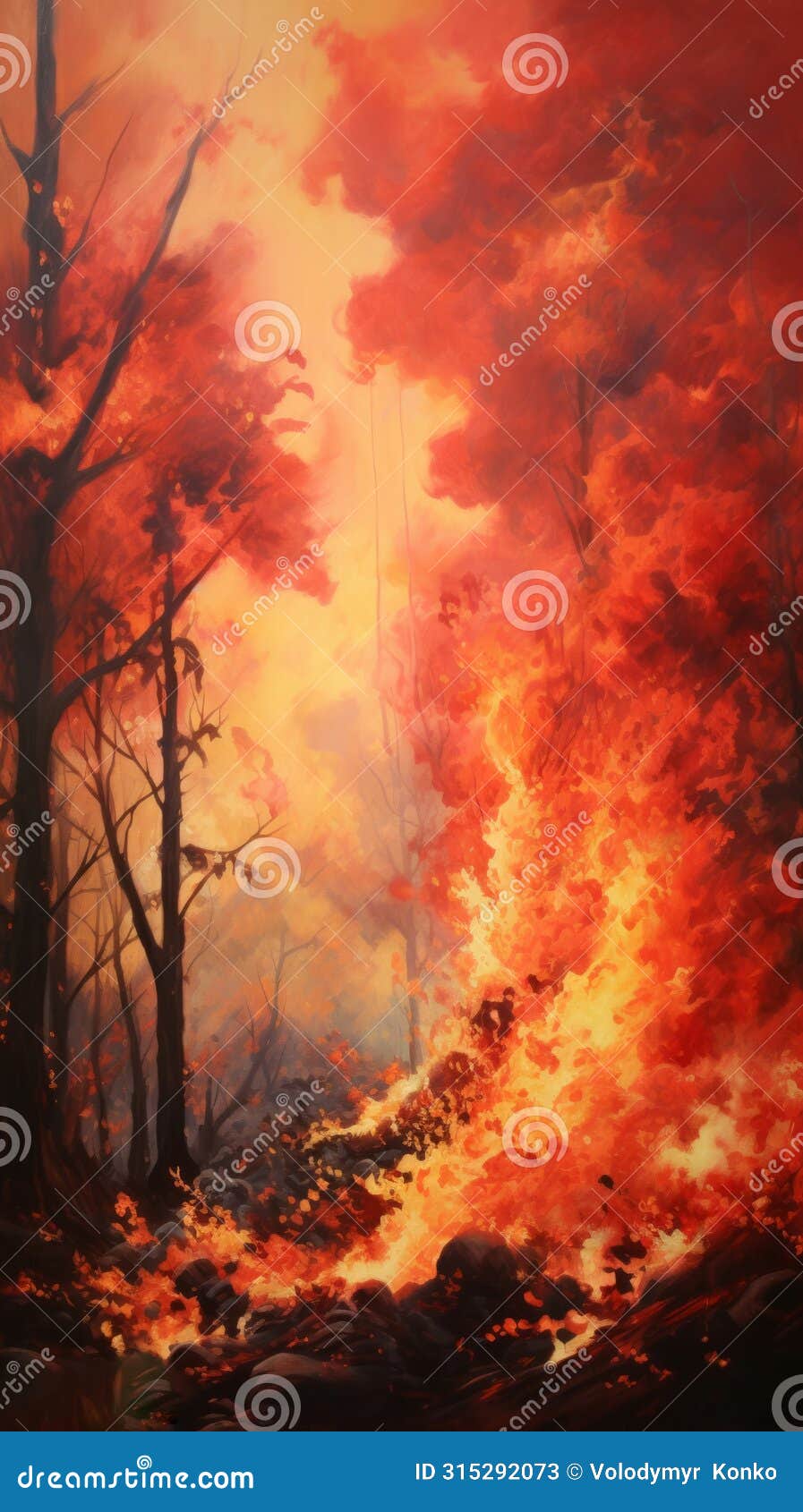 A Painting of a Fire Burning in a Forest Stock Image - Image of ...