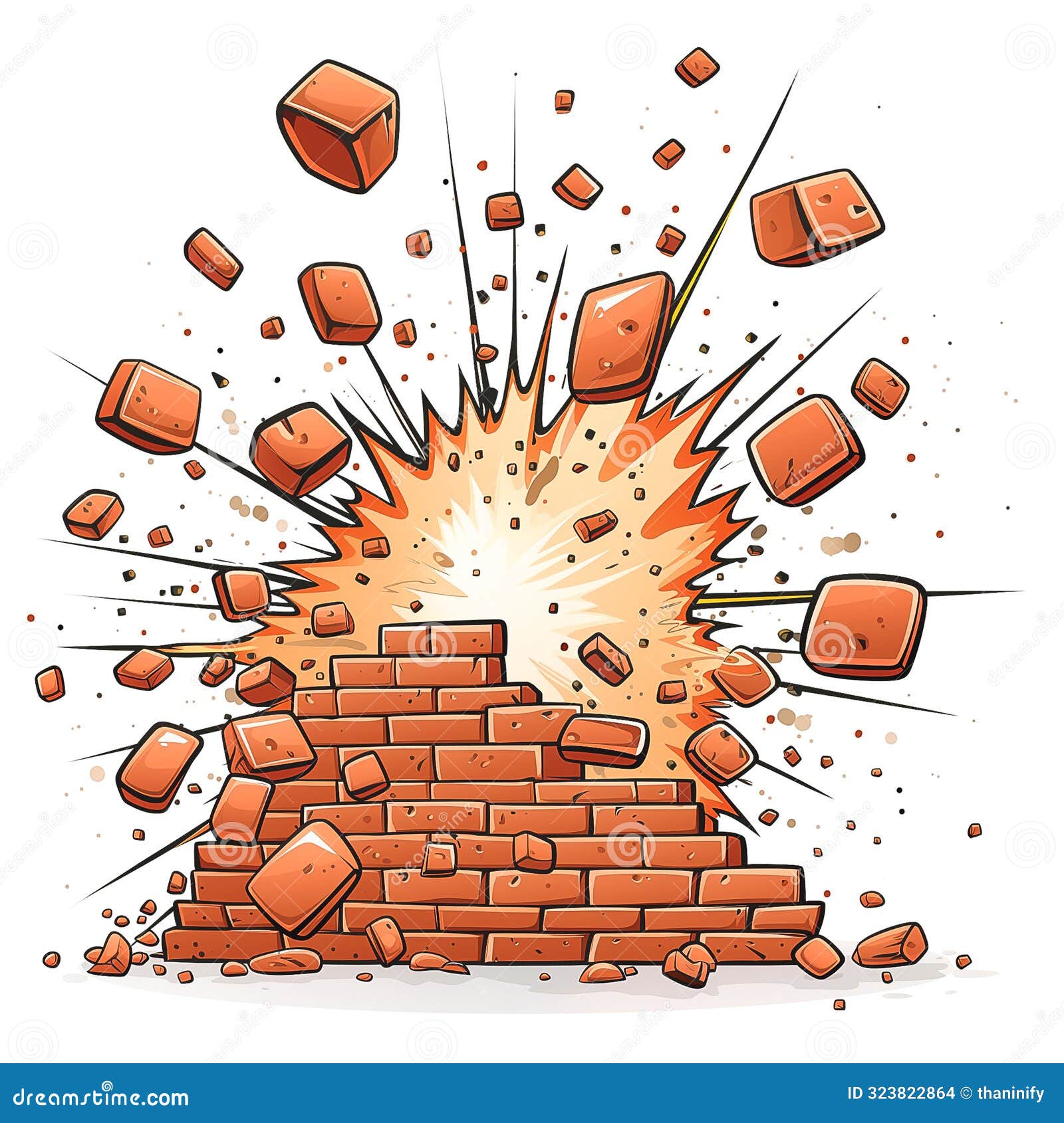 A Brick Wall with a Hole in it and a Large Explosion of Bricks Stock ...