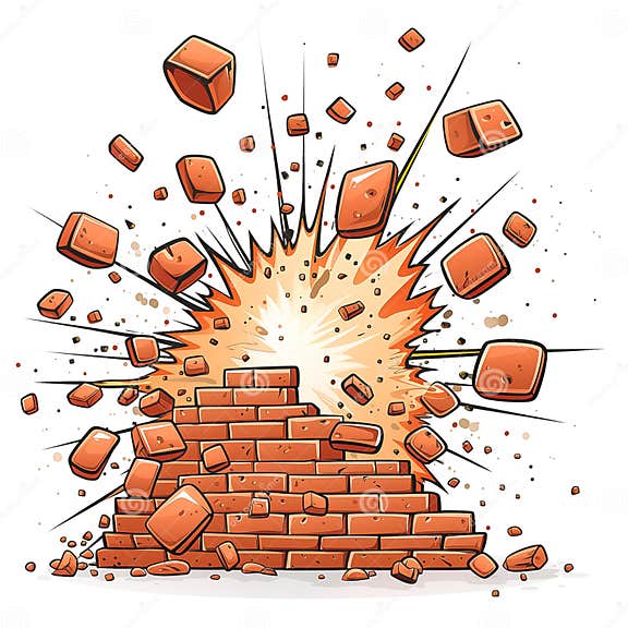 A Brick Wall with a Hole in it and a Large Explosion of Bricks Stock ...