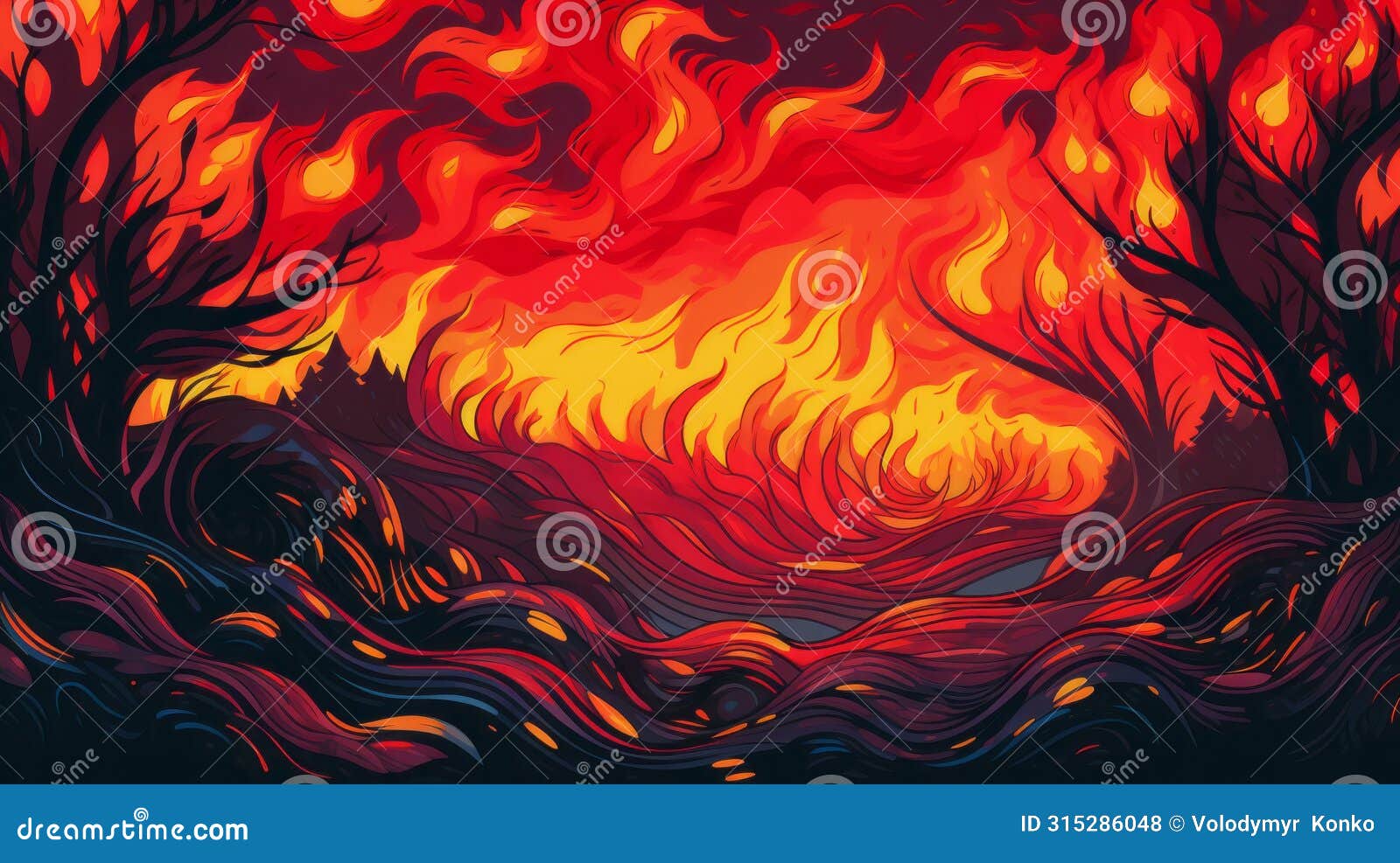 A Painting of a Fire Scene with Trees Stock Photo - Image of engulfed ...