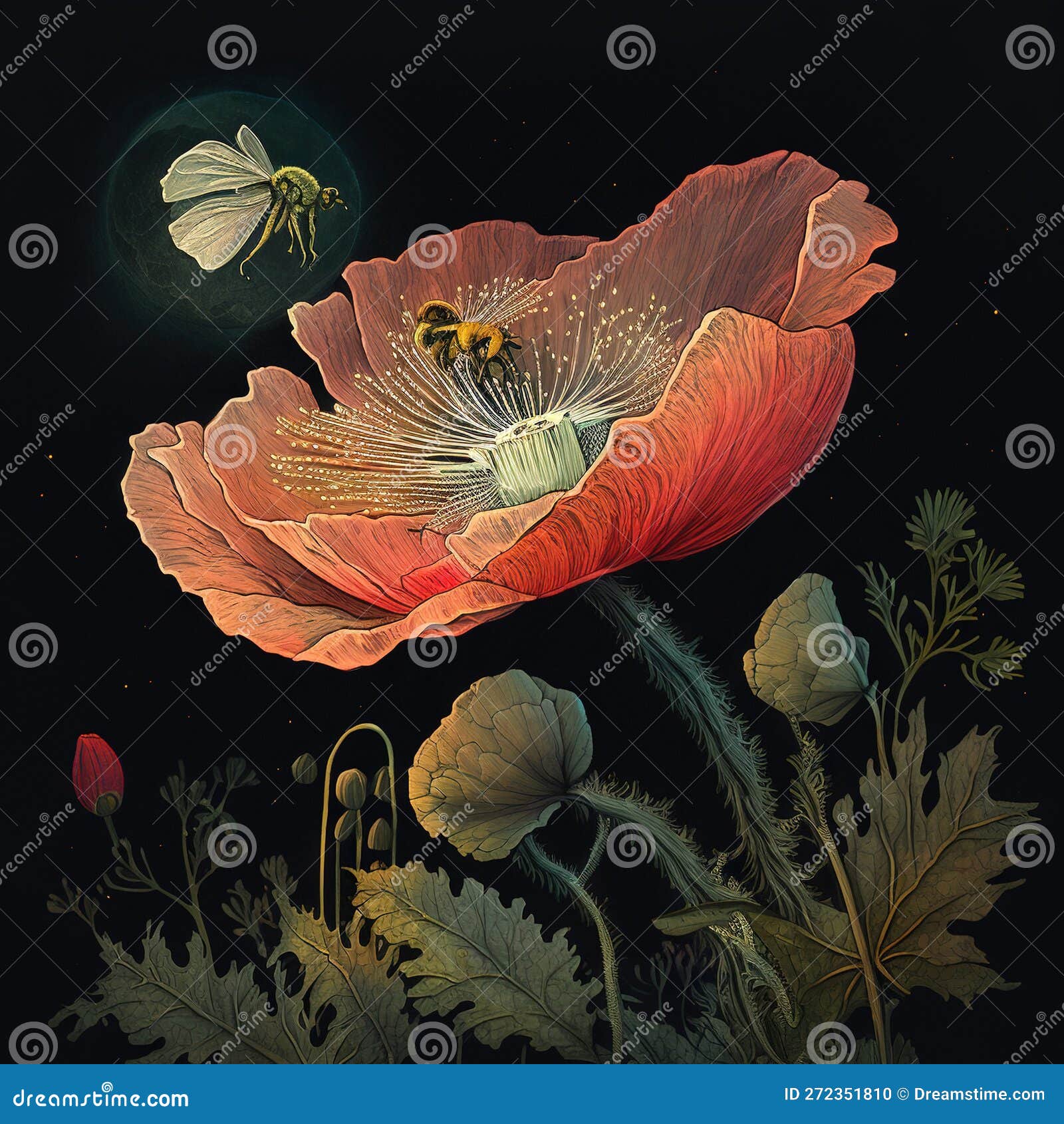 A Painting of a Flower and a Bee Flying Over it Stock Illustration ...