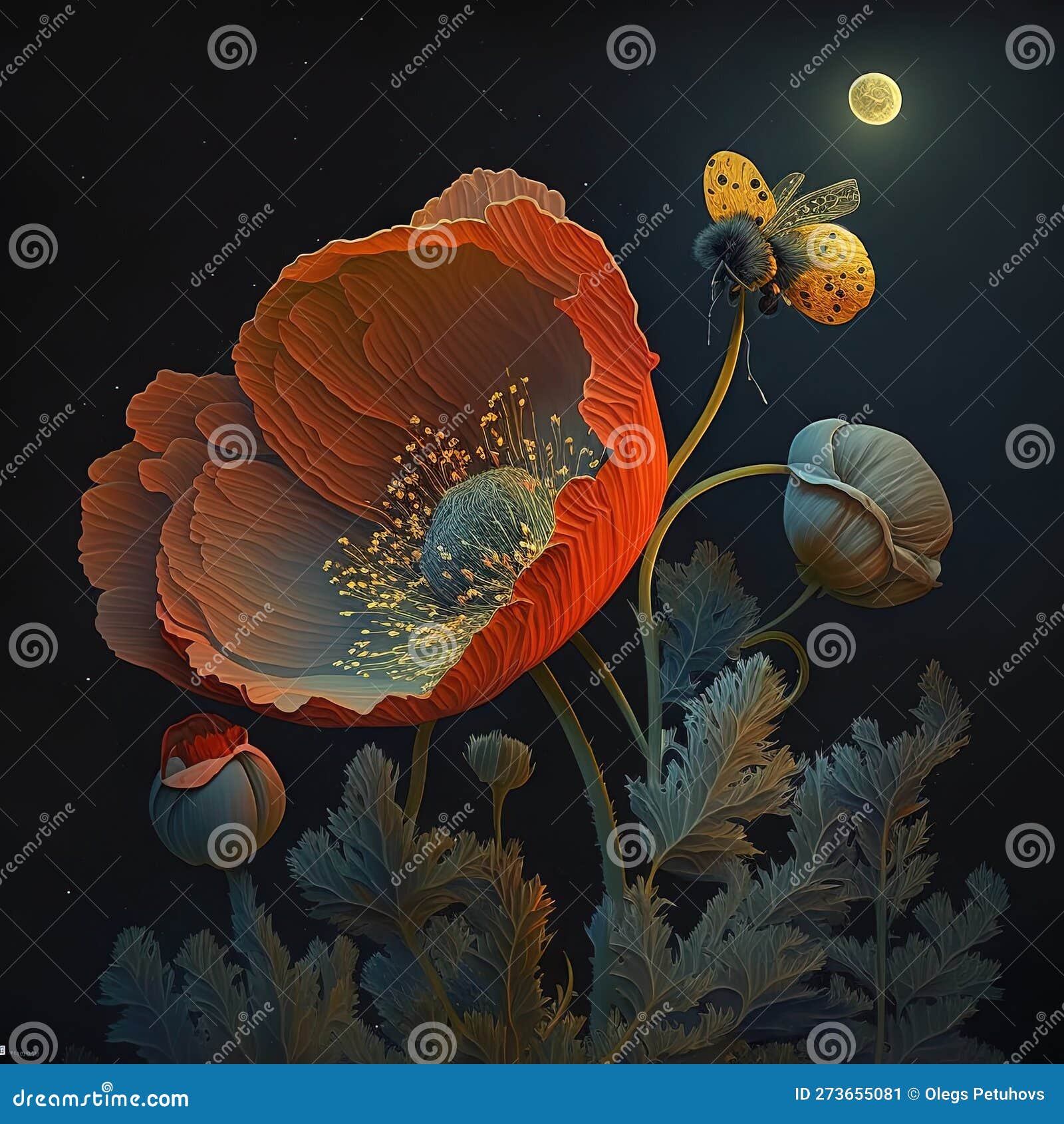 A Painting of a Flower and a Bug on a Plant Stock Illustration ...