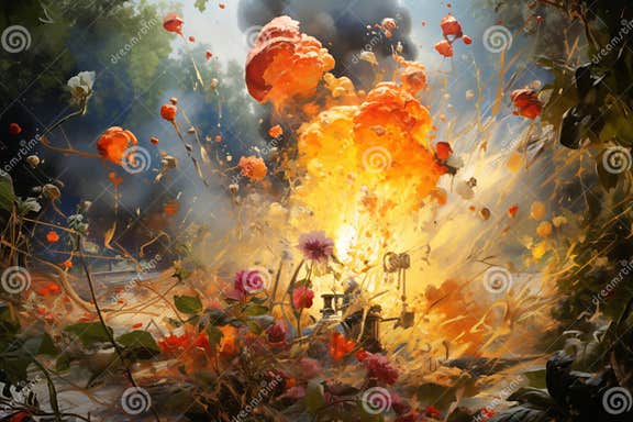 A Painting of Flowers Exploding in the Air Stock Illustration ...