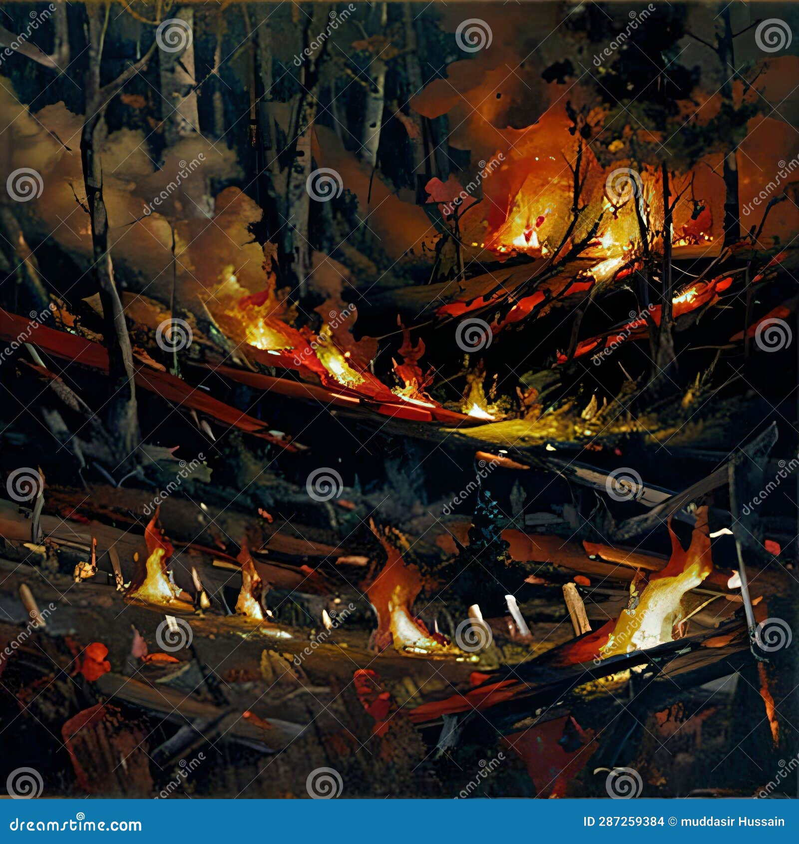 A Painting of a Forest in Distance on Fire Stock Illustration ...