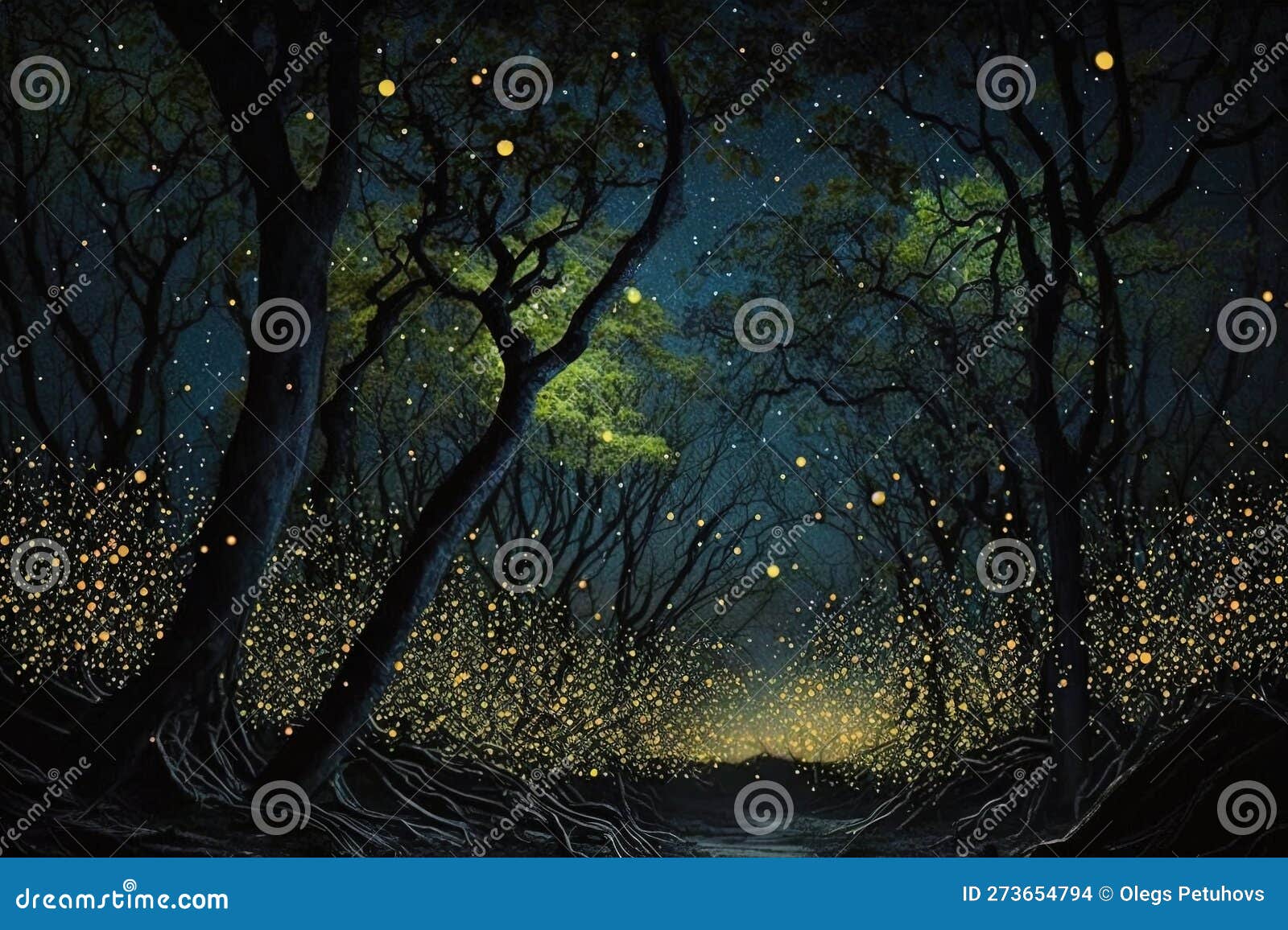 A Painting of a Forest with Fireflies in the Sky Stock Illustration ...