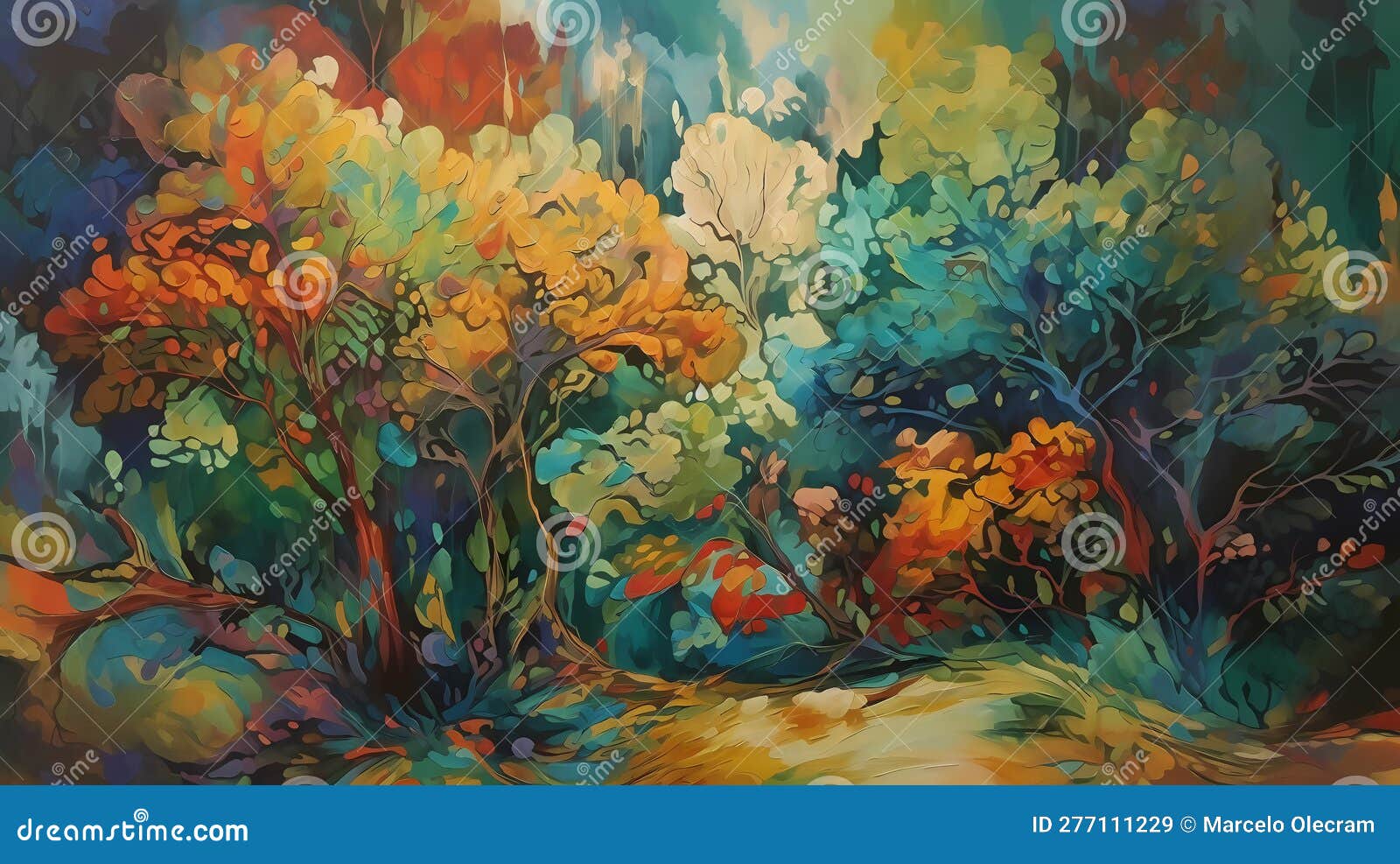 Painting of a Forest Landscape. Multicolored Expressionism Style ...