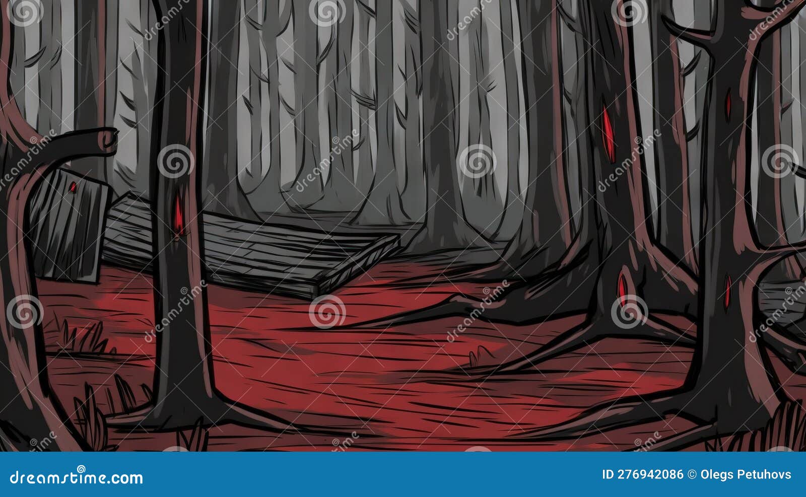 A Painting of a Forest with a Red Path in the Middle of it Stock ...