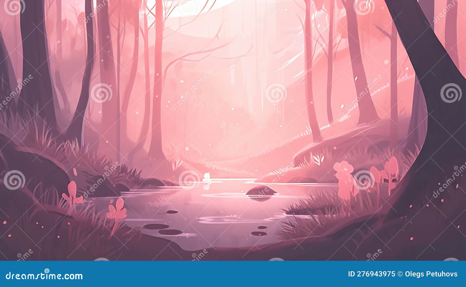 A Painting of a Forest Scene with a Pond and Trees Stock Illustration ...