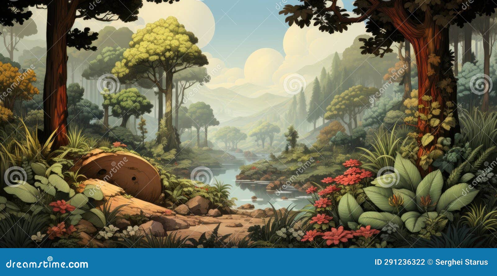 A Painting of a Forest Scene with a Stream, AI Stock Photo - Image of ...