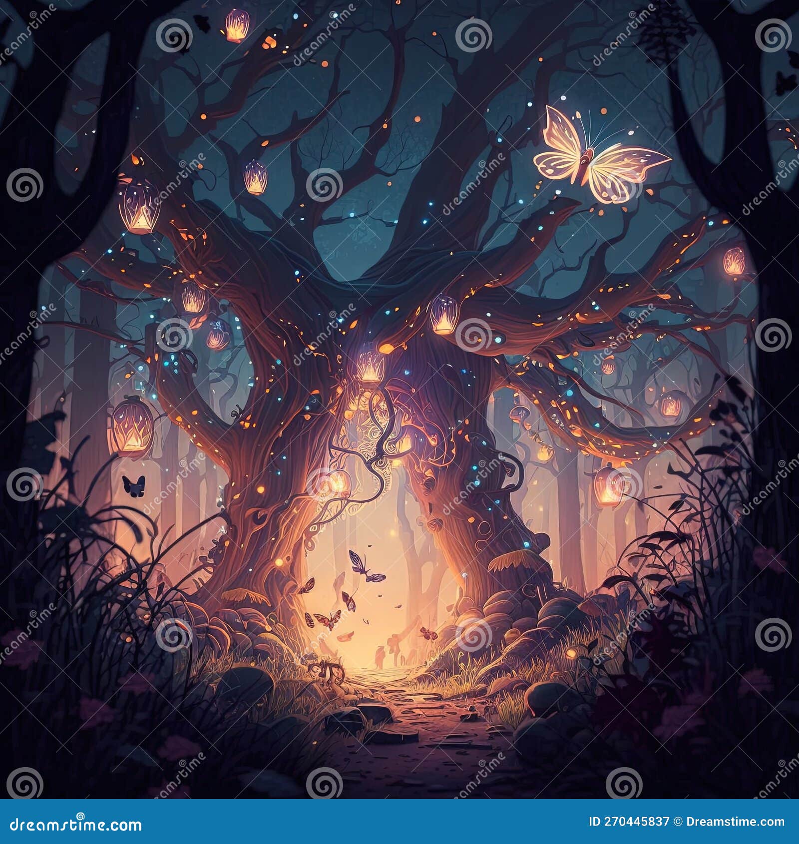 A Painting of a Forest with a Tree and a Firefly. Stock Image - Image ...
